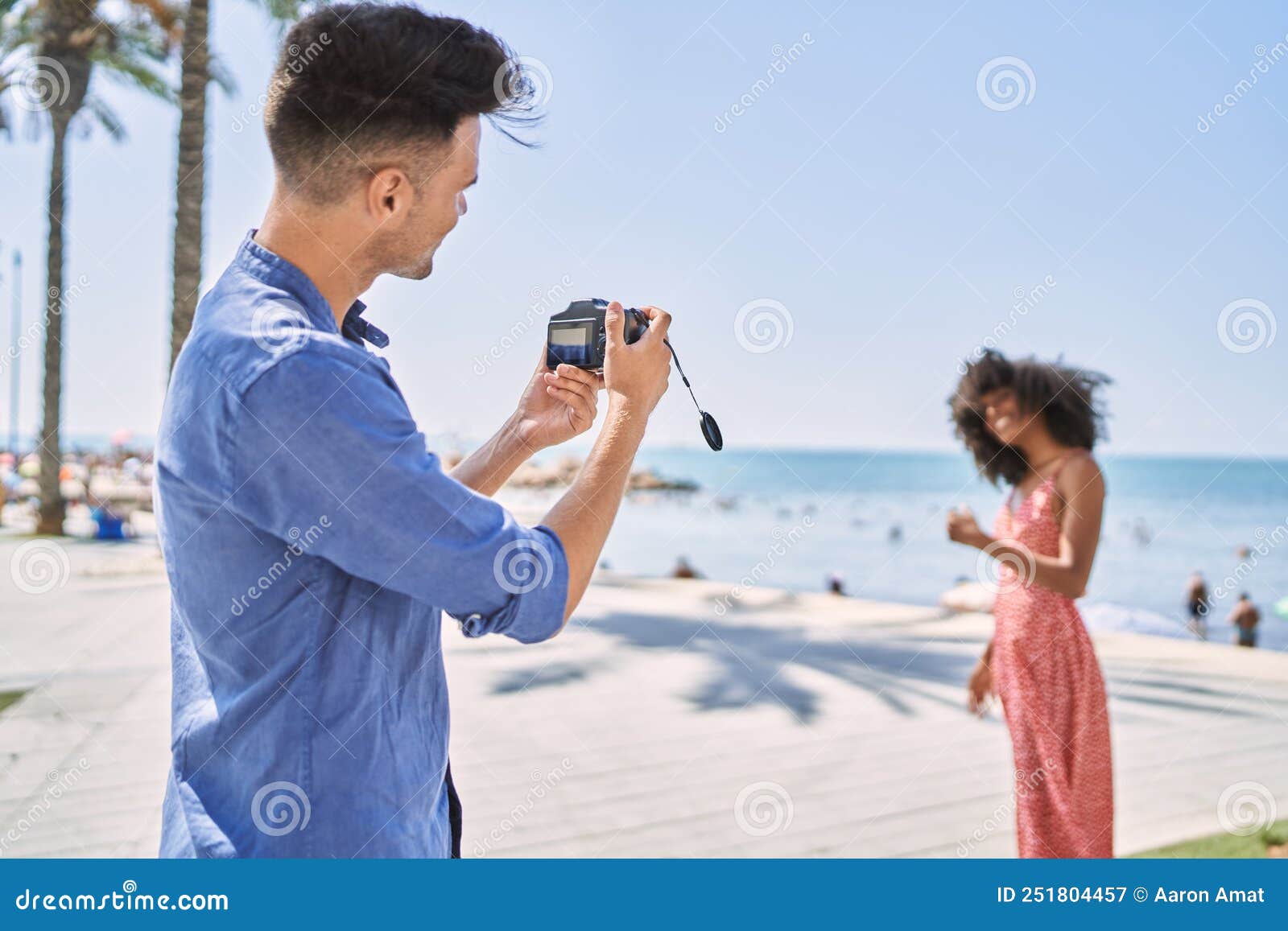 Man and Woman Couple Make Photo Using Camera at Seaside Stock Image ...