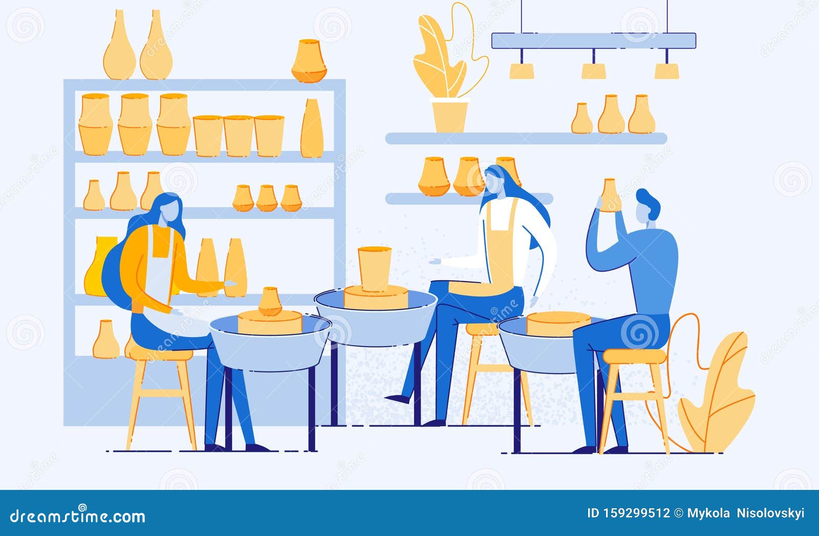 Man and Woman Creating Pots and Pottery Workshop. Stock Vector ...