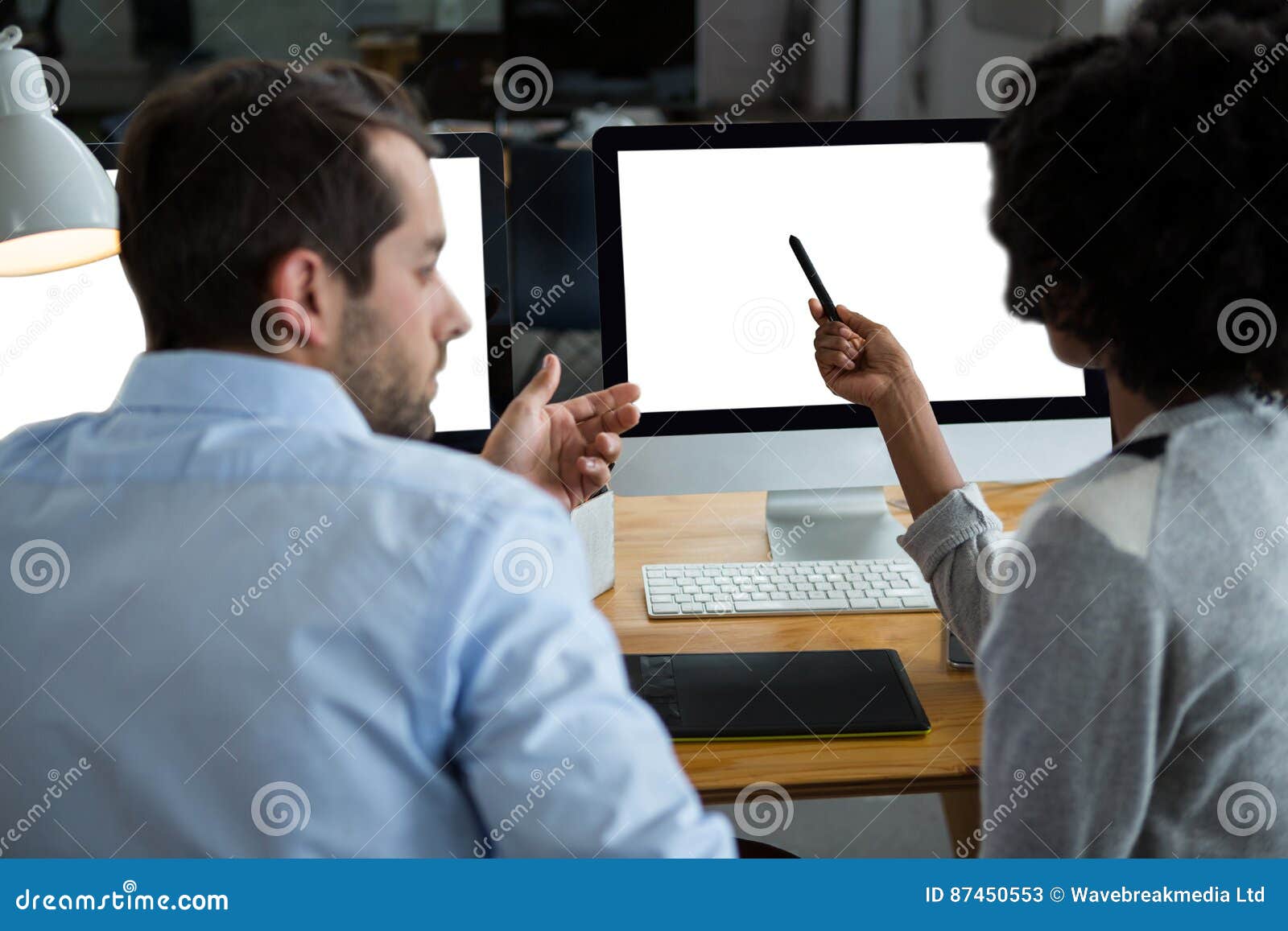 Man and Woman Discussing Over Desktop Pc Stock Image - Image of ...