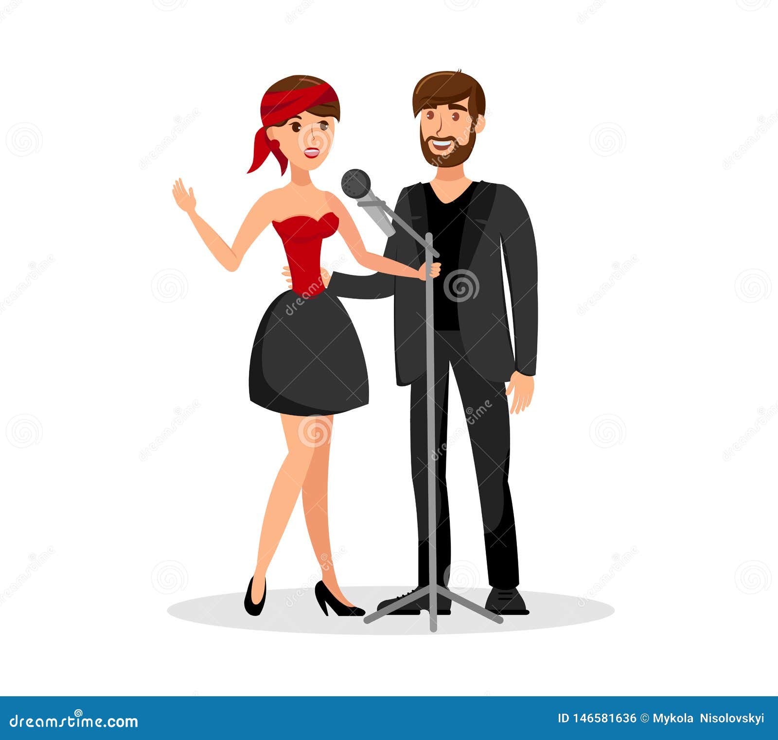 Man And Woman Duet Singing Together In Microphone Stock Vector