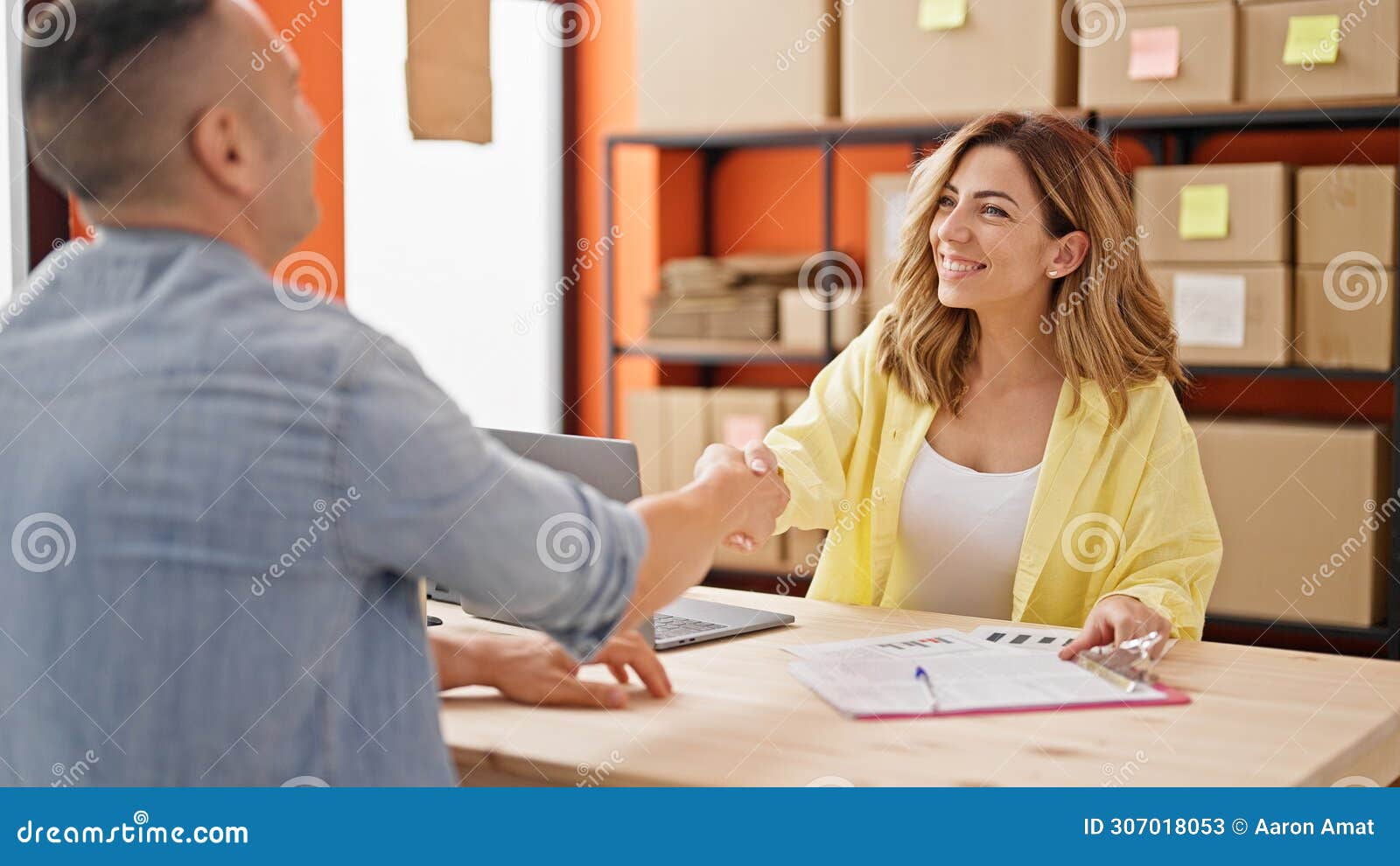 Man and Woman Ecommerce Business Worker and Client Shaking Hand ...