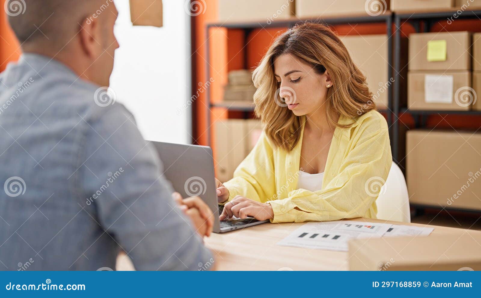Man and Woman Ecommerce Business Worker and Client Speaking at Office Stock Image - Image of ...