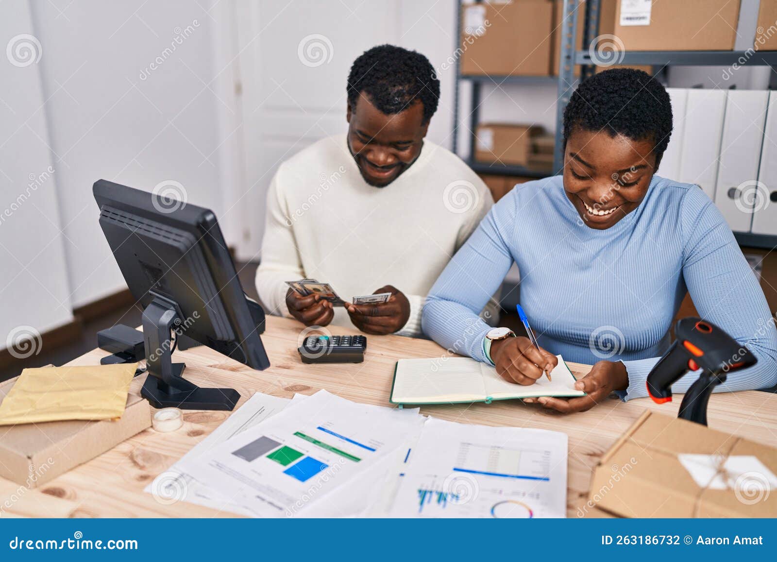Man and Woman Ecommerce Business Workers Accounting at Office Stock ...