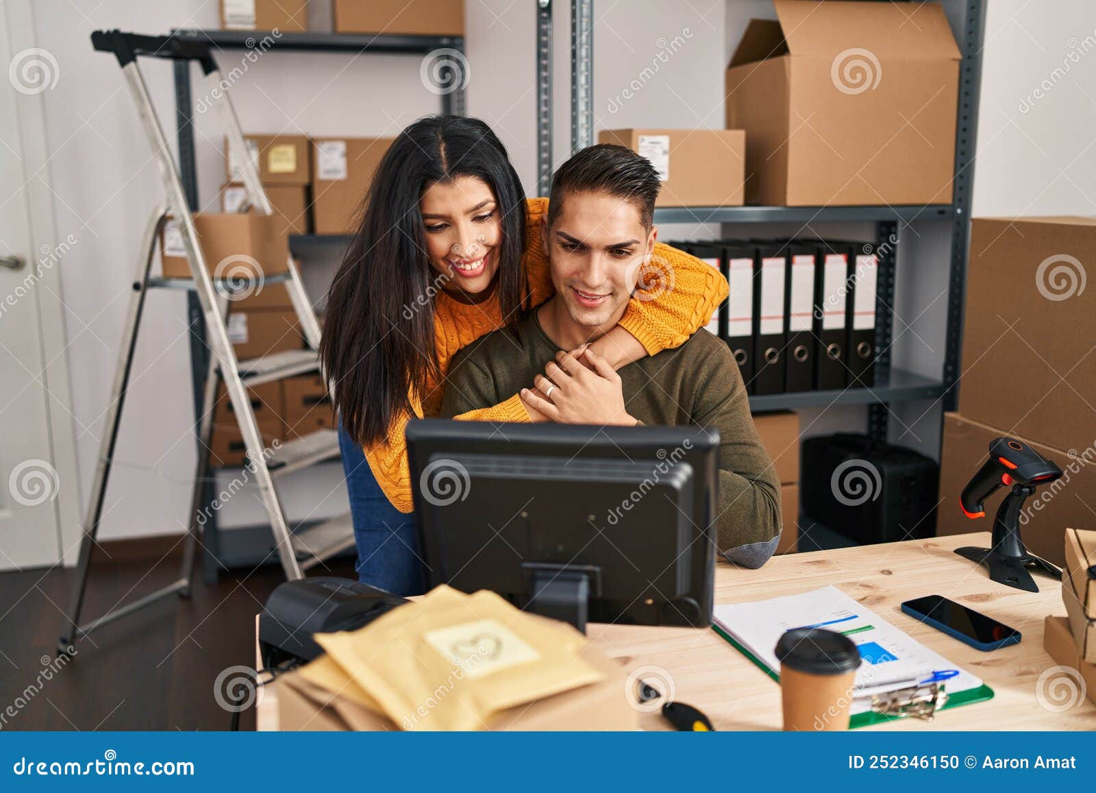 Man and Woman Ecommerce Business Workers Hugging Each Other Working at ...