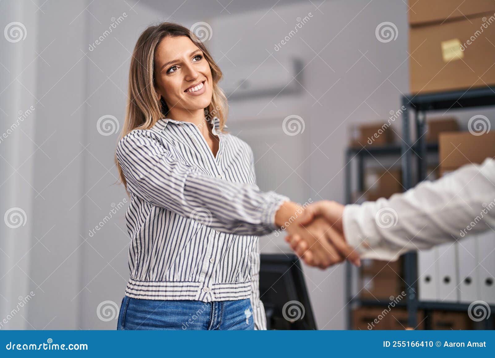 Man and Woman Ecommerce Business Workers Shake Hands at Office Stock ...