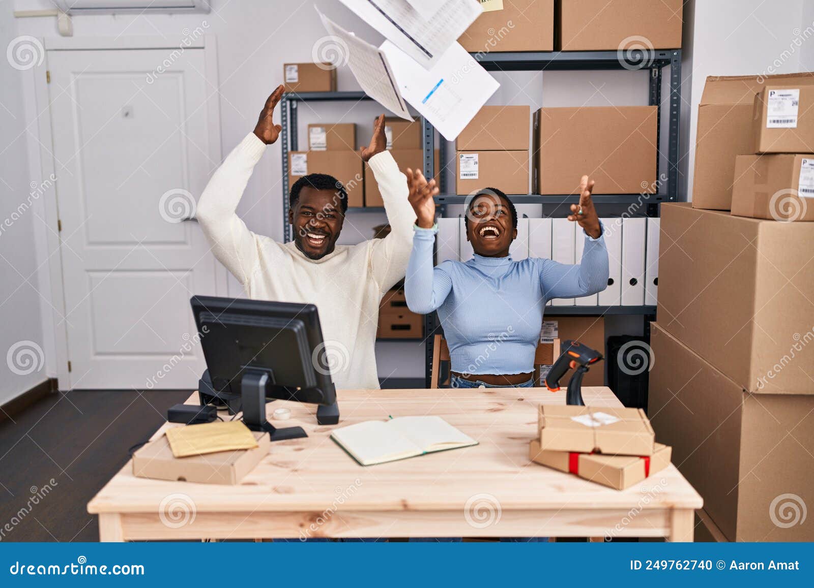 Man and Woman Ecommerce Business Workers Throwing Paperwork at Office ...