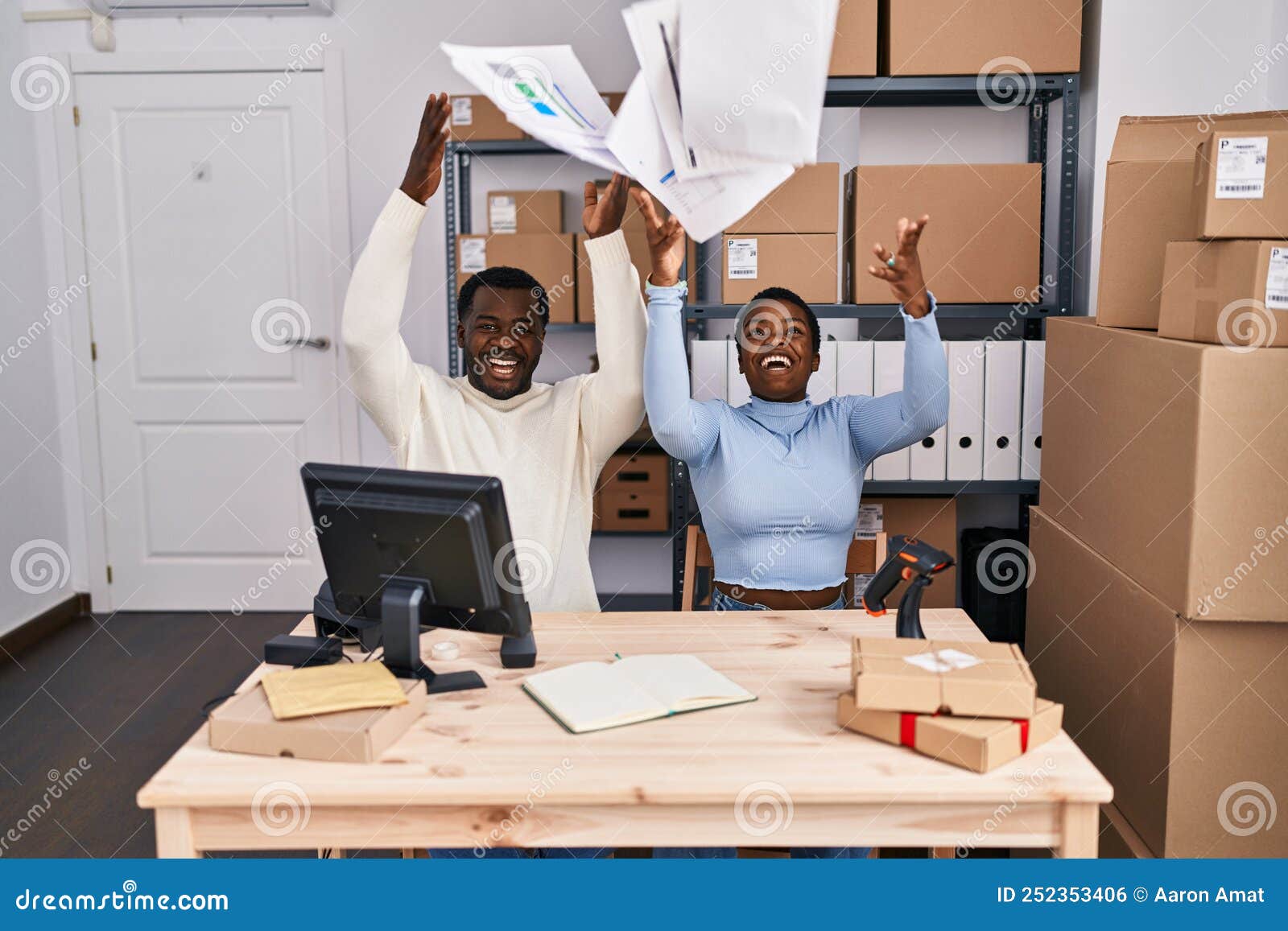 Man and Woman Ecommerce Business Workers Throwing Paperwork at Office ...