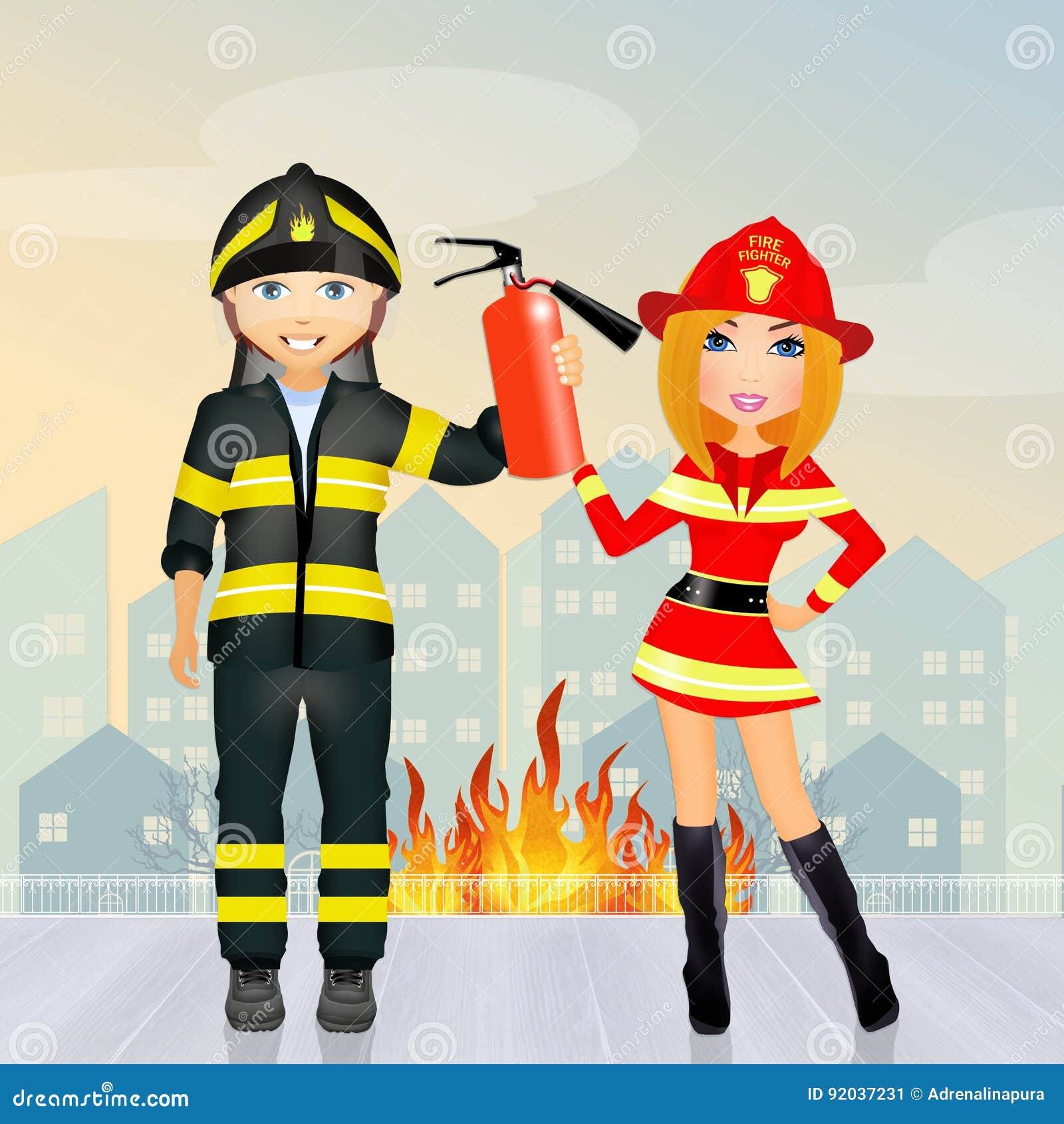 Man and woman firefighters stock illustration. Illustration of woman ...