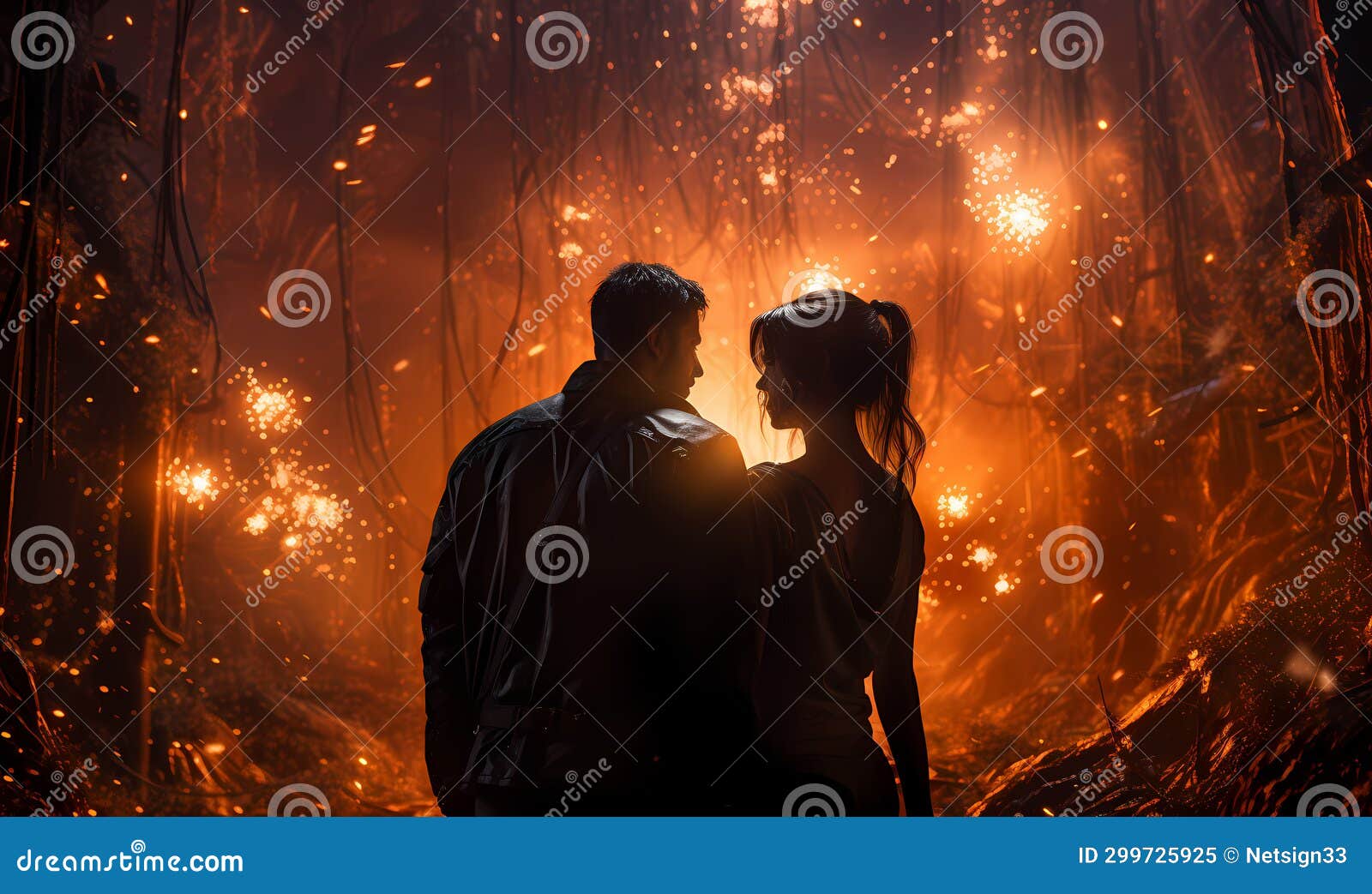 A Man and Woman Looking at Fireworks in a Forest, Two People in a Fire ...