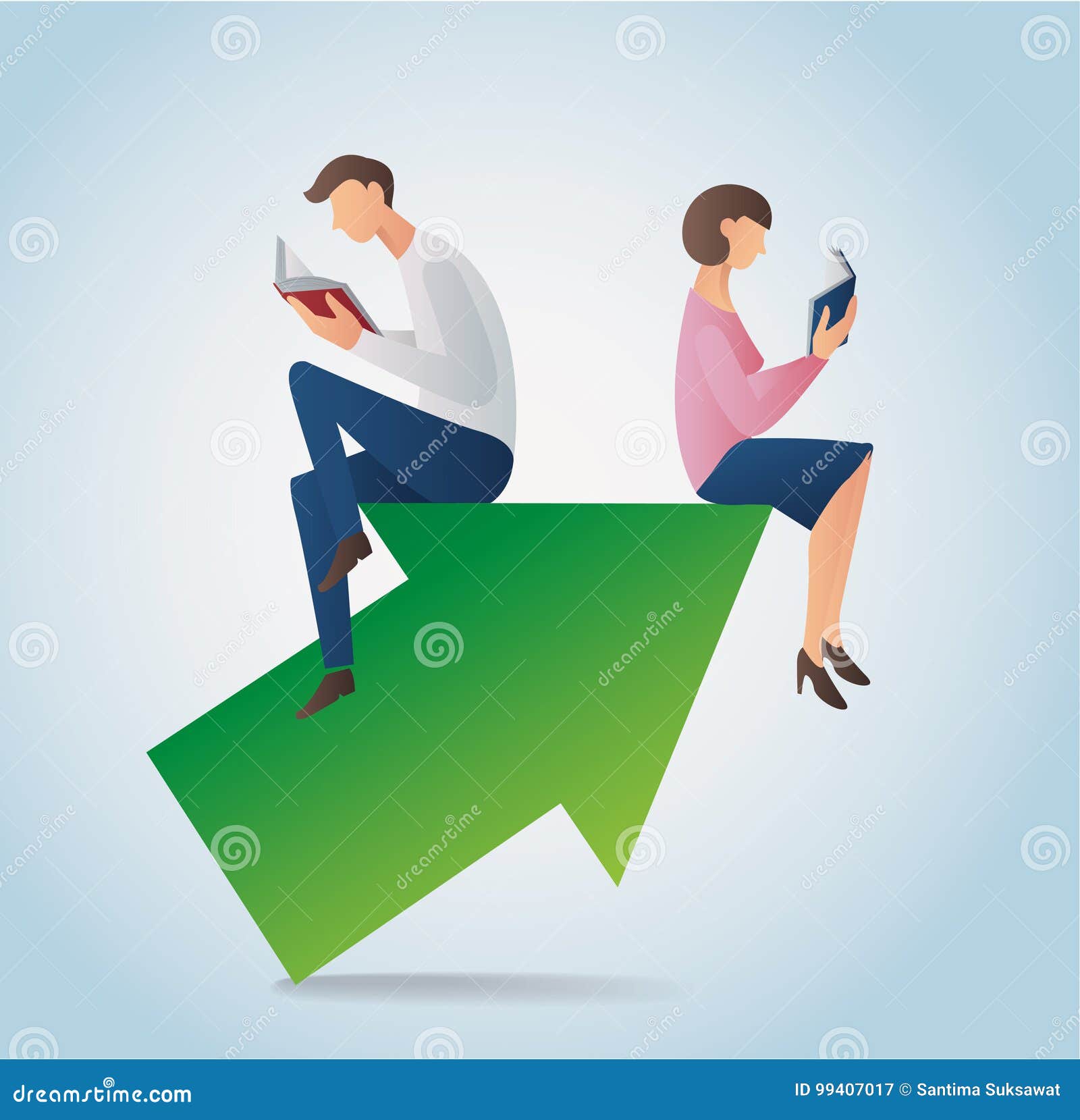 Man And Woman Reading Book Sitting On The Arrow Icon Vector Concept Of