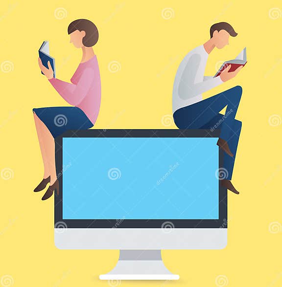 Man And Woman Reading Book Sitting On A Computer Vector Stock Vector