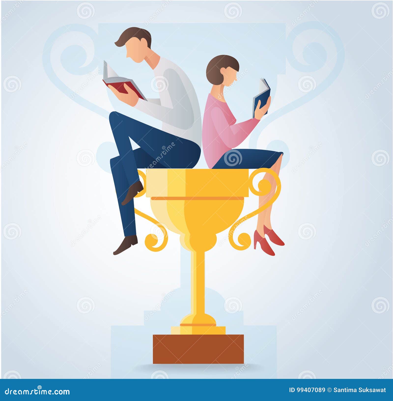Man And Woman Reading Book And Sitting On The Gold Trophy Vector Stock