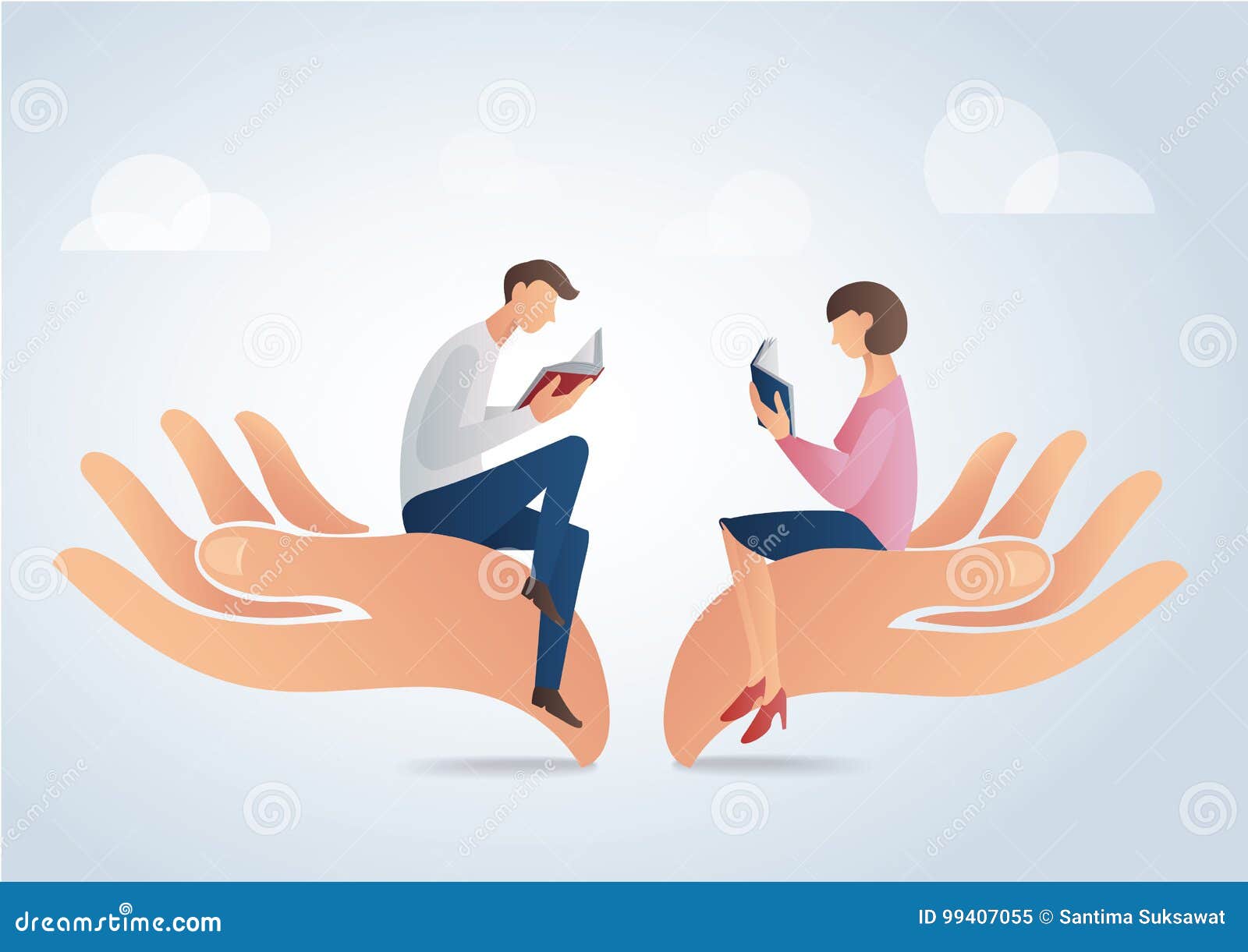Man And Woman Reading Books On Big Hands Education Concept Vector