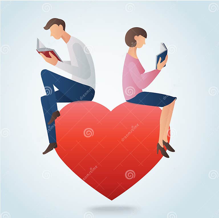 Man And Woman Reading Books And Sitting On Big Red Heart Love Reading