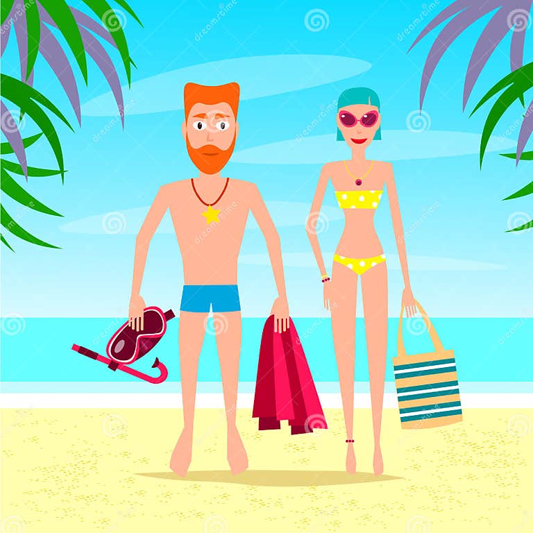 Man And Woman Relaxing On The Beach Vector Couple Characters Stock