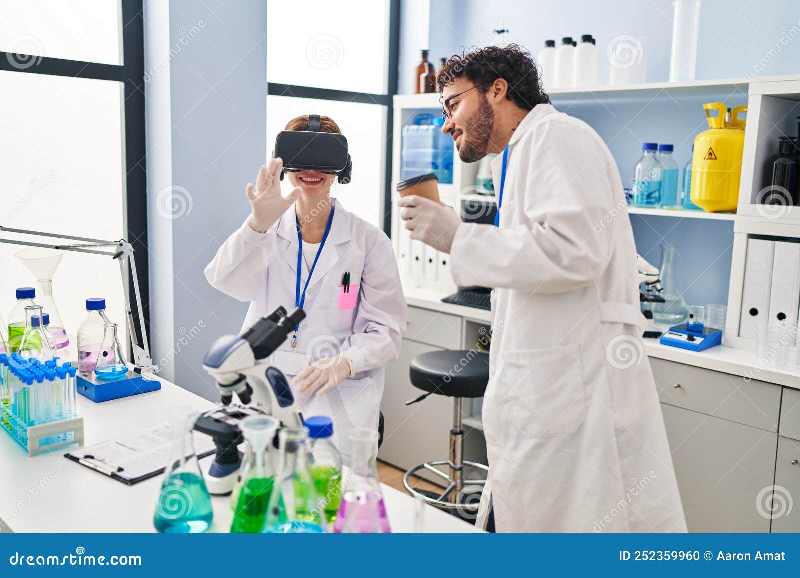 Man and Woman Scientist Partners Using Vr Goggles and Drinking Coffee ...
