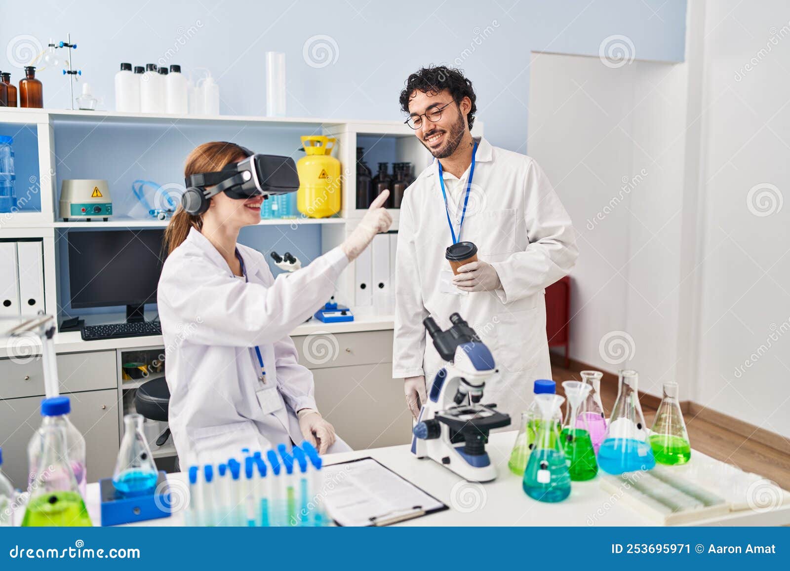 Man and Woman Scientist Partners Using Vr Goggles and Drinking Coffee ...
