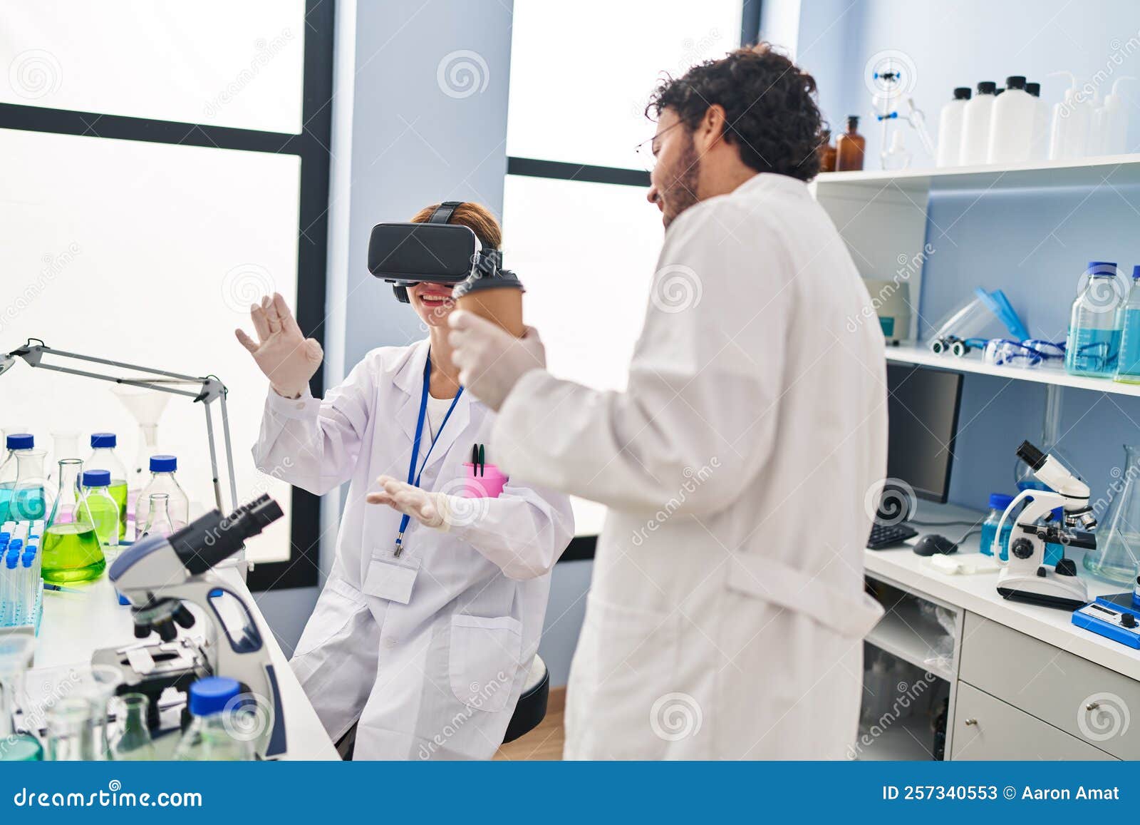 Man and Woman Scientist Partners Using Vr Goggles and Drinking Coffee ...