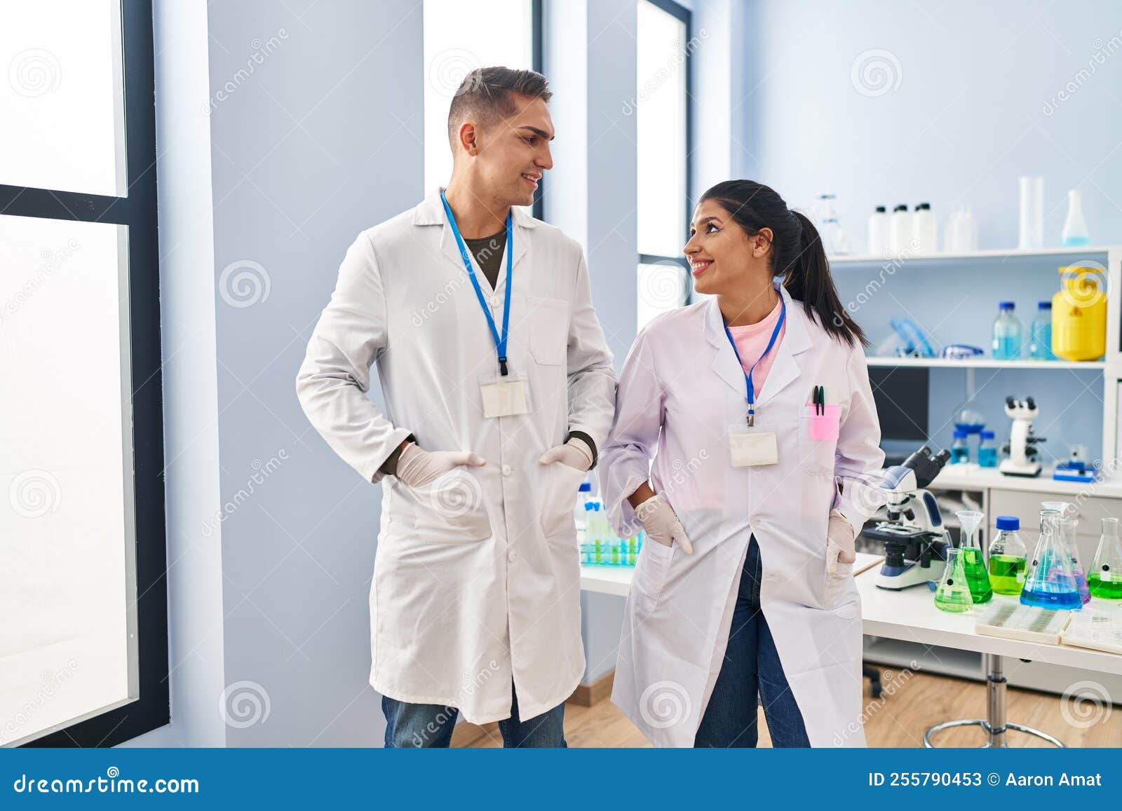 Man and Woman Scientists Partners Standing at Laboratory Stock Image ...