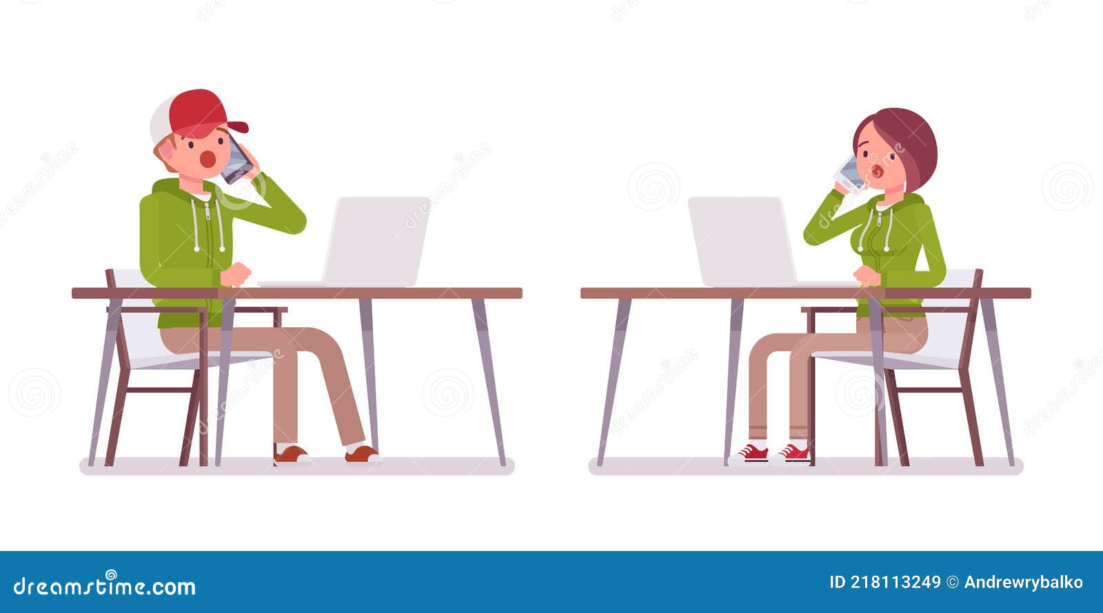 Man, Woman Sitting at Desk Working with Laptop, Phone Talking Stock ... Man, Woman Sitting at Desk Working with Laptop, Phone Talking Stock ...