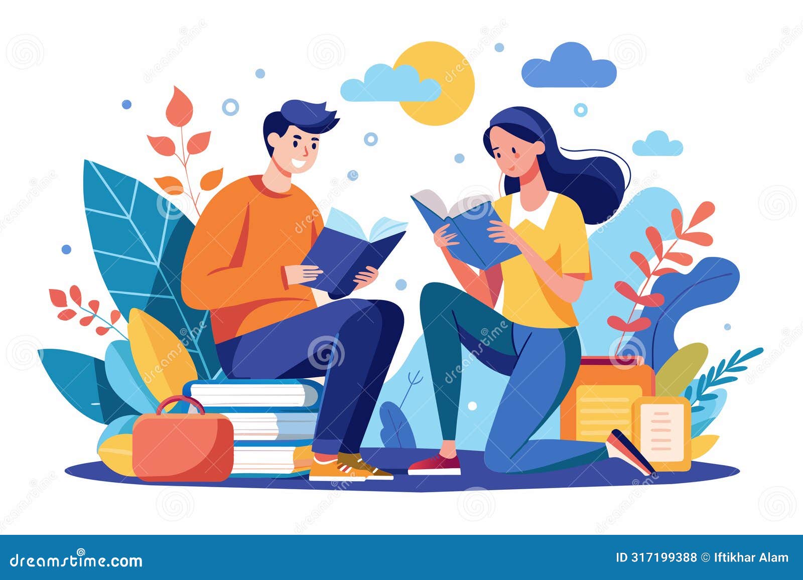 A Man and a Woman Sitting on a Stack of Books, Engaged in Group Work ...