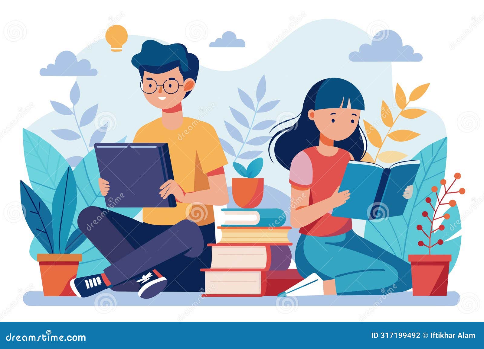 A Man and a Woman Sitting on a Stack of Books, Reading Intently while ...