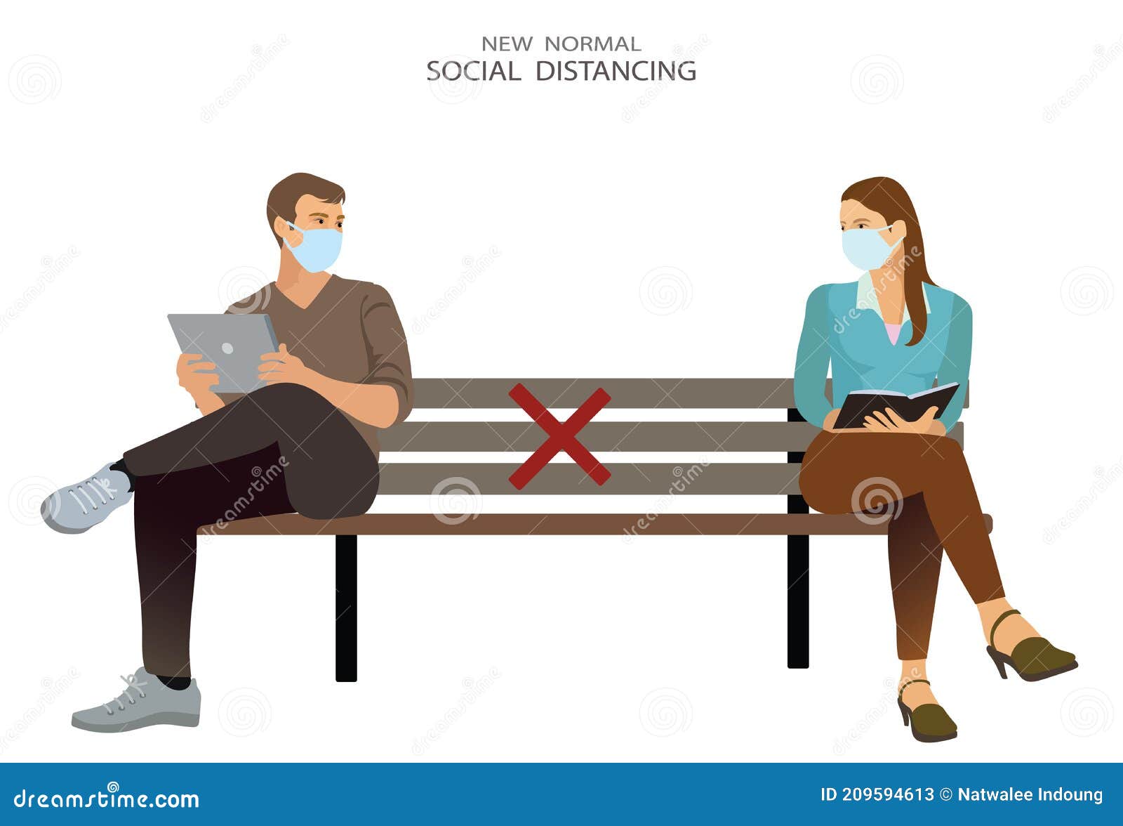 Man and Woman in Social Distancing Sitting on Bench Stock Vector ...