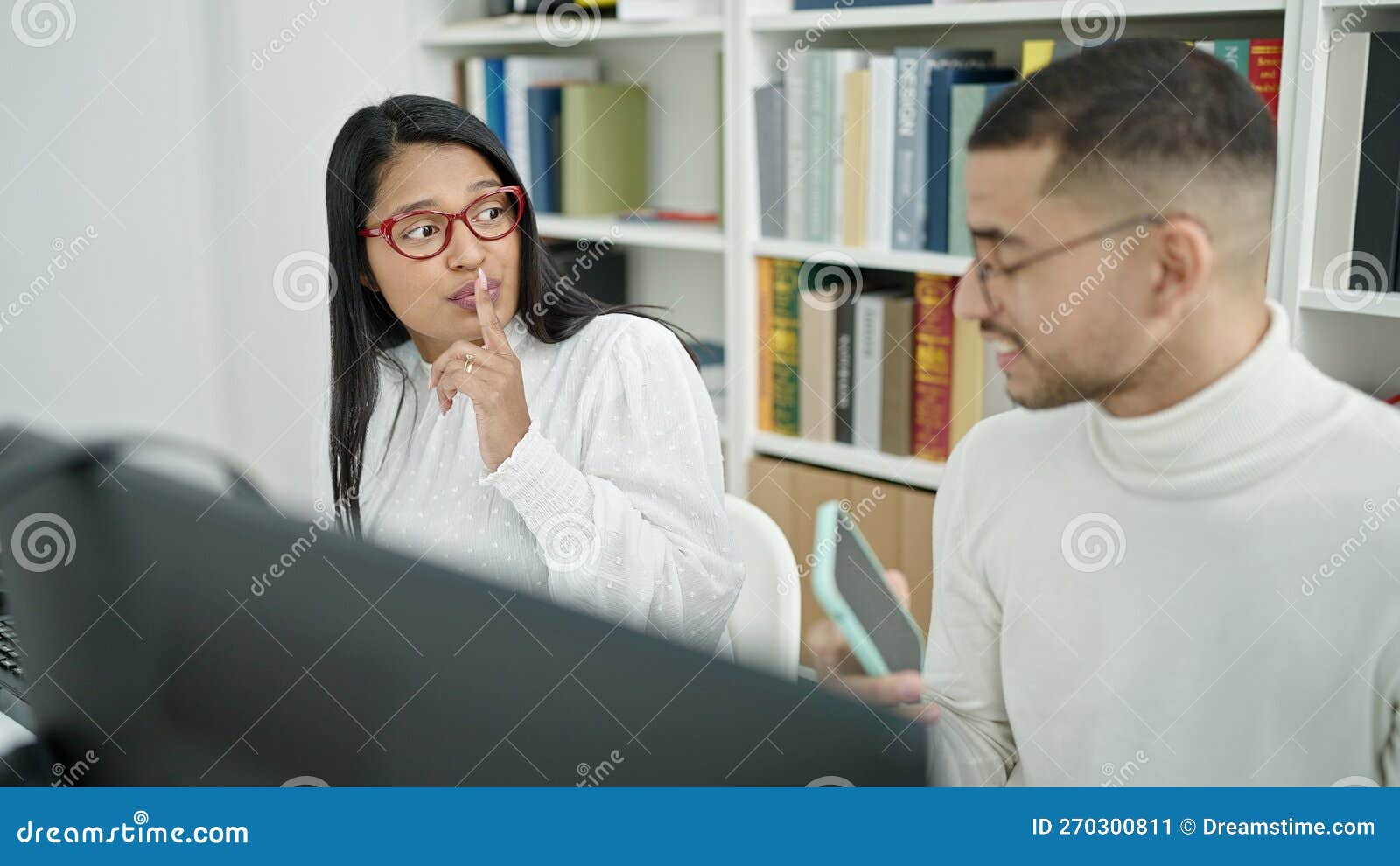 Man and Woman Students Using Computer Asking for Silent at University ...