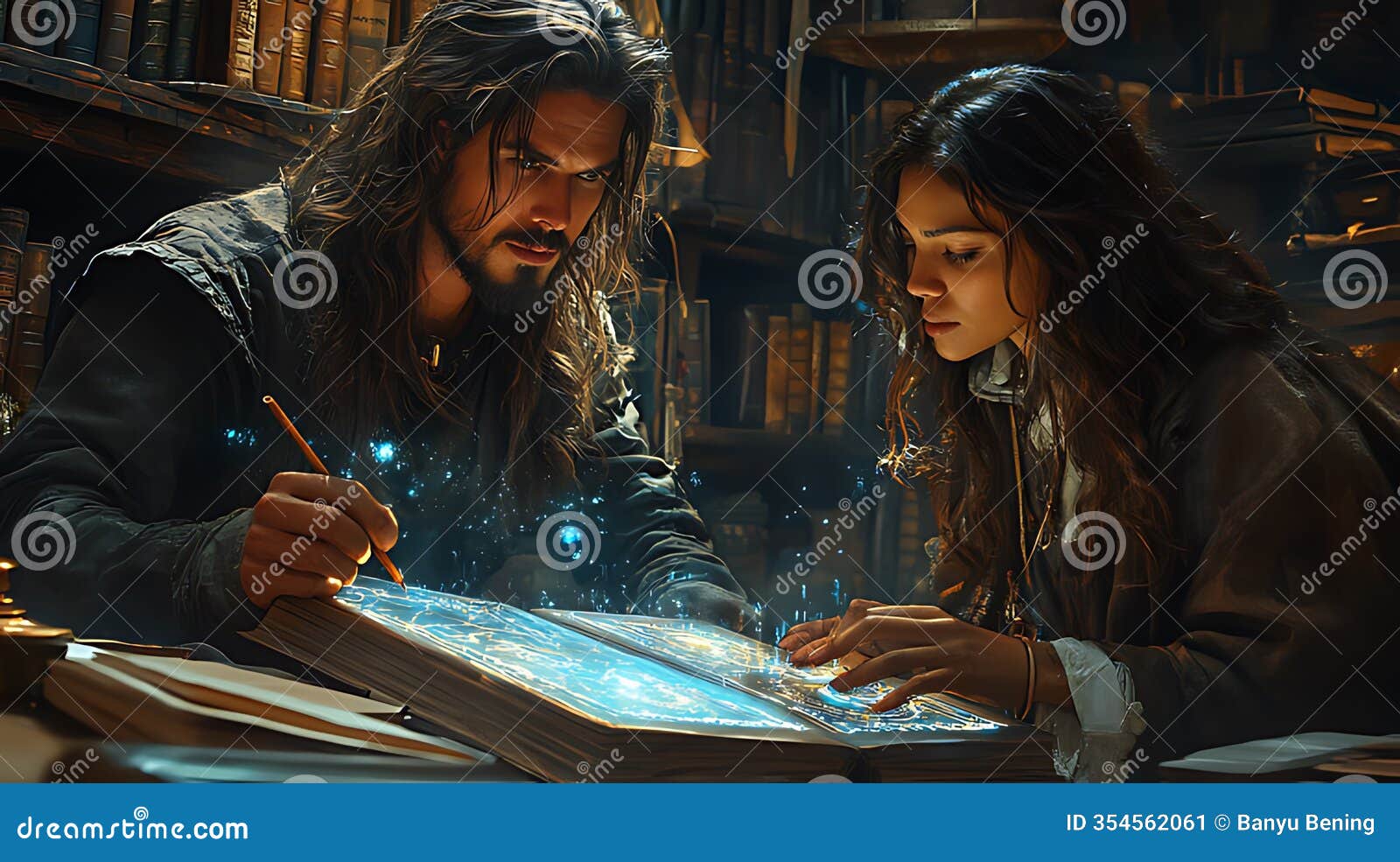 A Man and Woman Study an Ancient, Glowing Book in a Dimly Lit Library ...