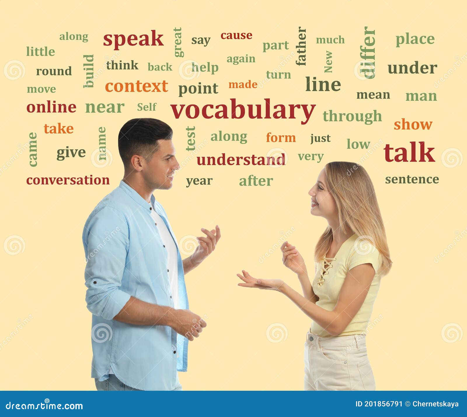 Man and Woman Talking Surrounded by Word Cloud on Yellow Background ...