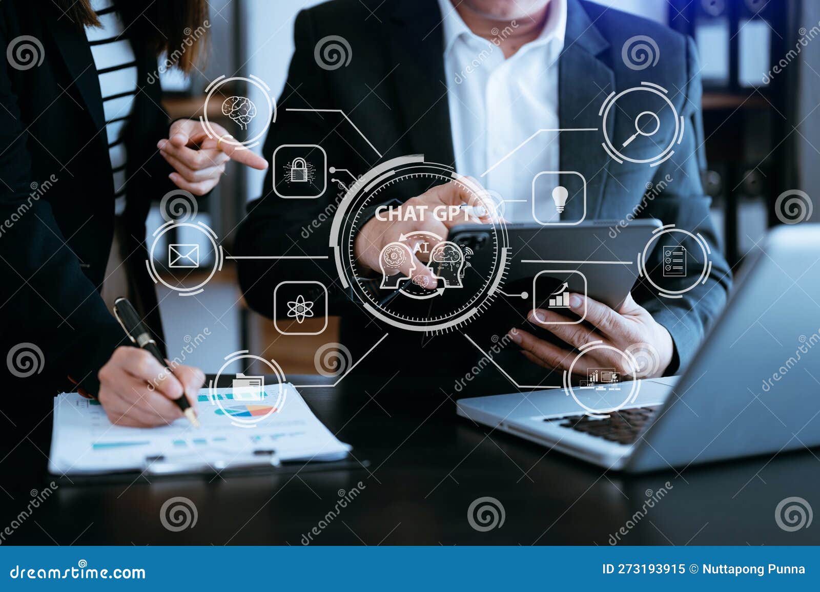 Man and Woman Using Chatbot in Computer and Tablet Smart Intelligence Ai.Chat GPT Chat with AI ...