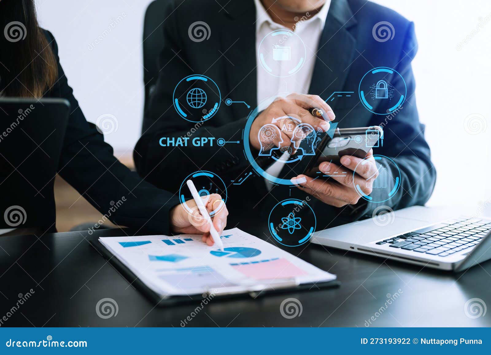 Man and Woman Using Chatbot in Computer and Tablet Smart Intelligence Ai.Chat GPT Chat with AI ...