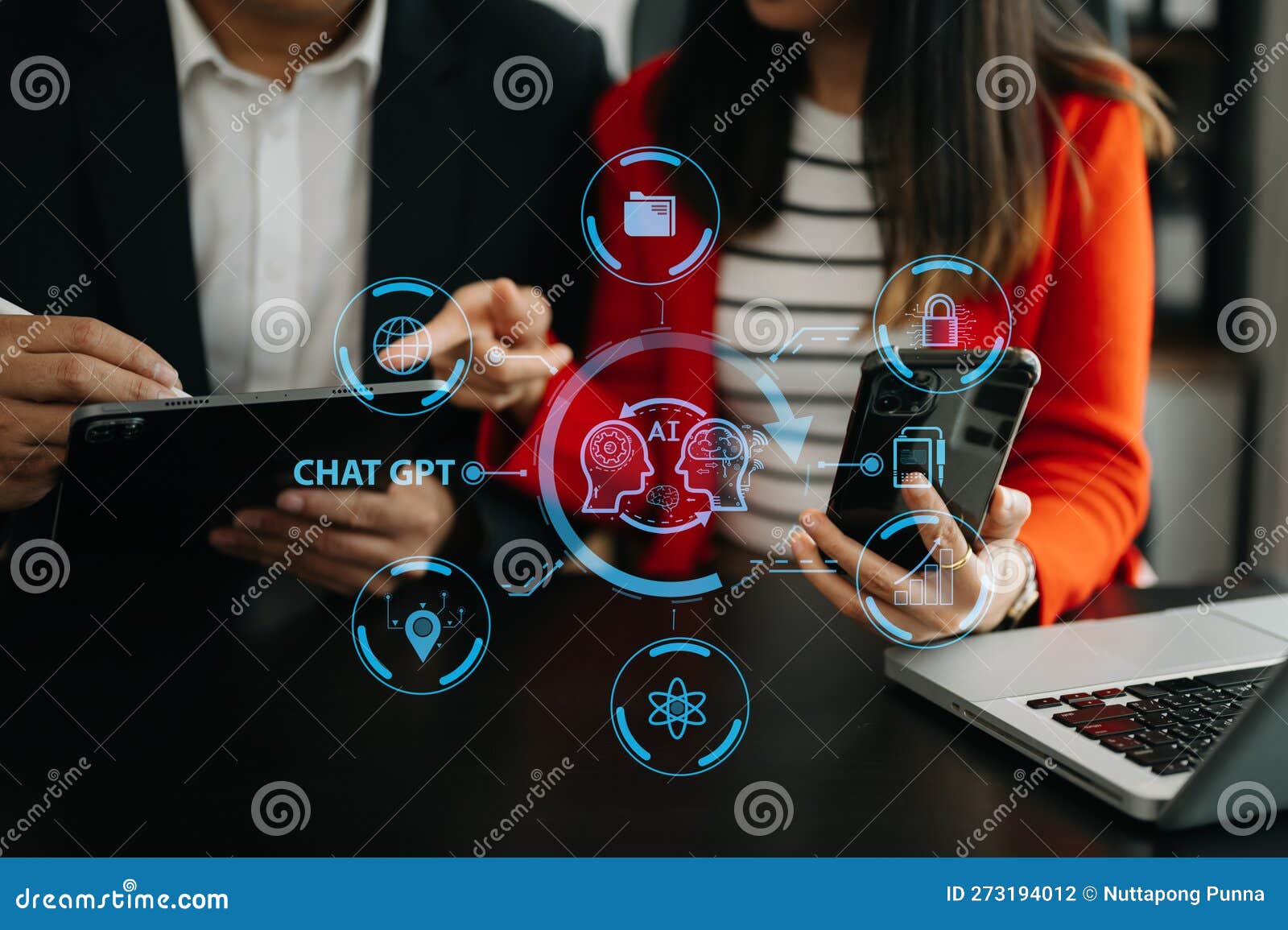 Man and Woman Using Chatbot in Computer and Tablet Smart Intelligence Ai.Chat GPT Chat with AI ...