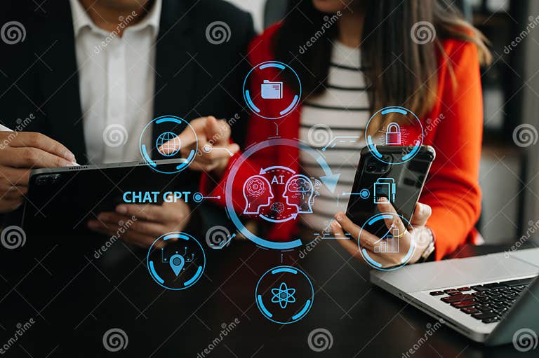 Man and Woman Using Chatbot in Computer and Tablet Smart Intelligence Ai.Chat GPT Chat with AI ...