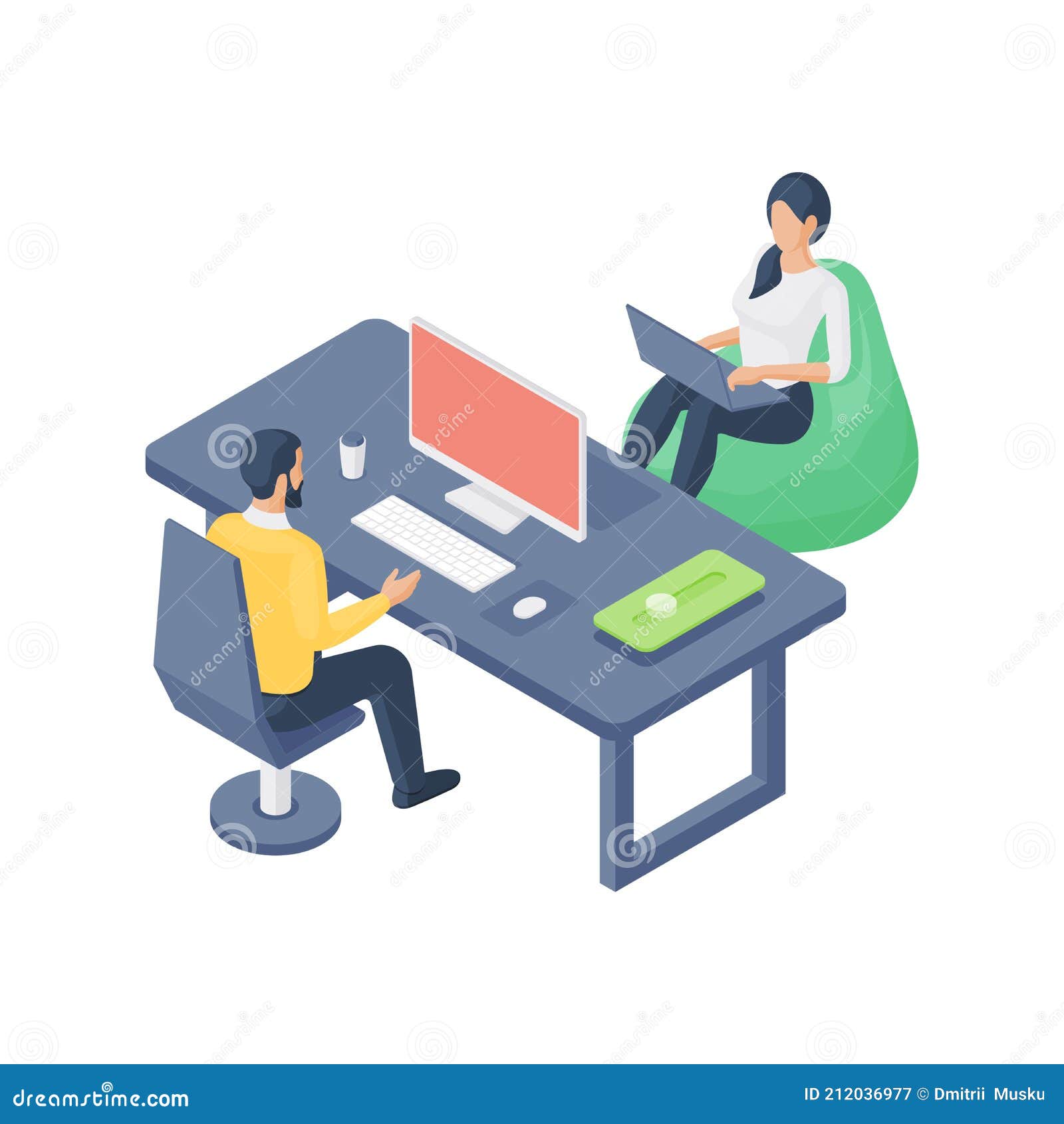 Man and Woman Using Computers in Office Together Stock Vector ...