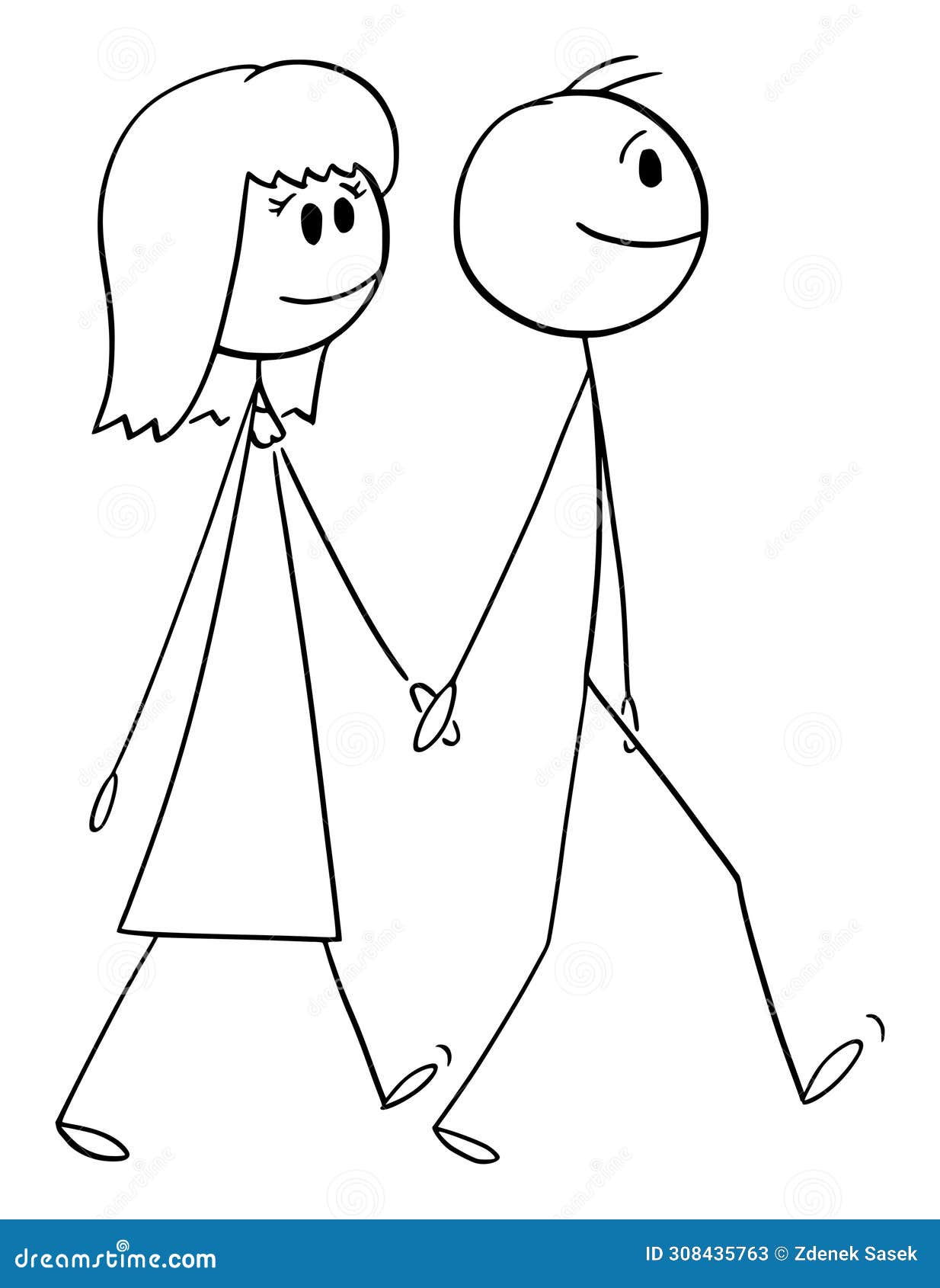 Man And Woman Walking Happily Together Vector Cartoon Stick Figure Illustration Stock Vector