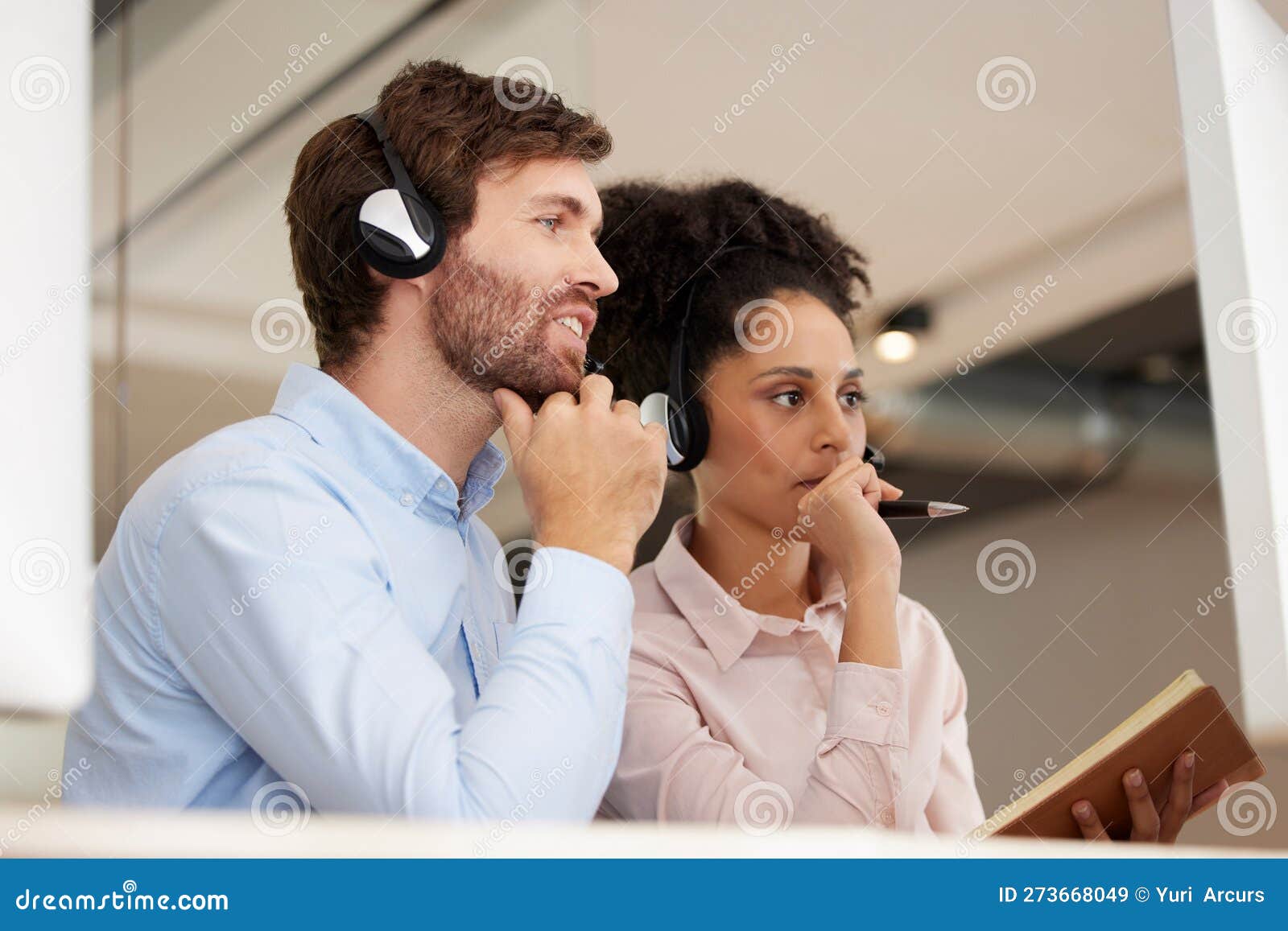 Man, Woman and Call Center Training at Computer with Notebook, Helping ...