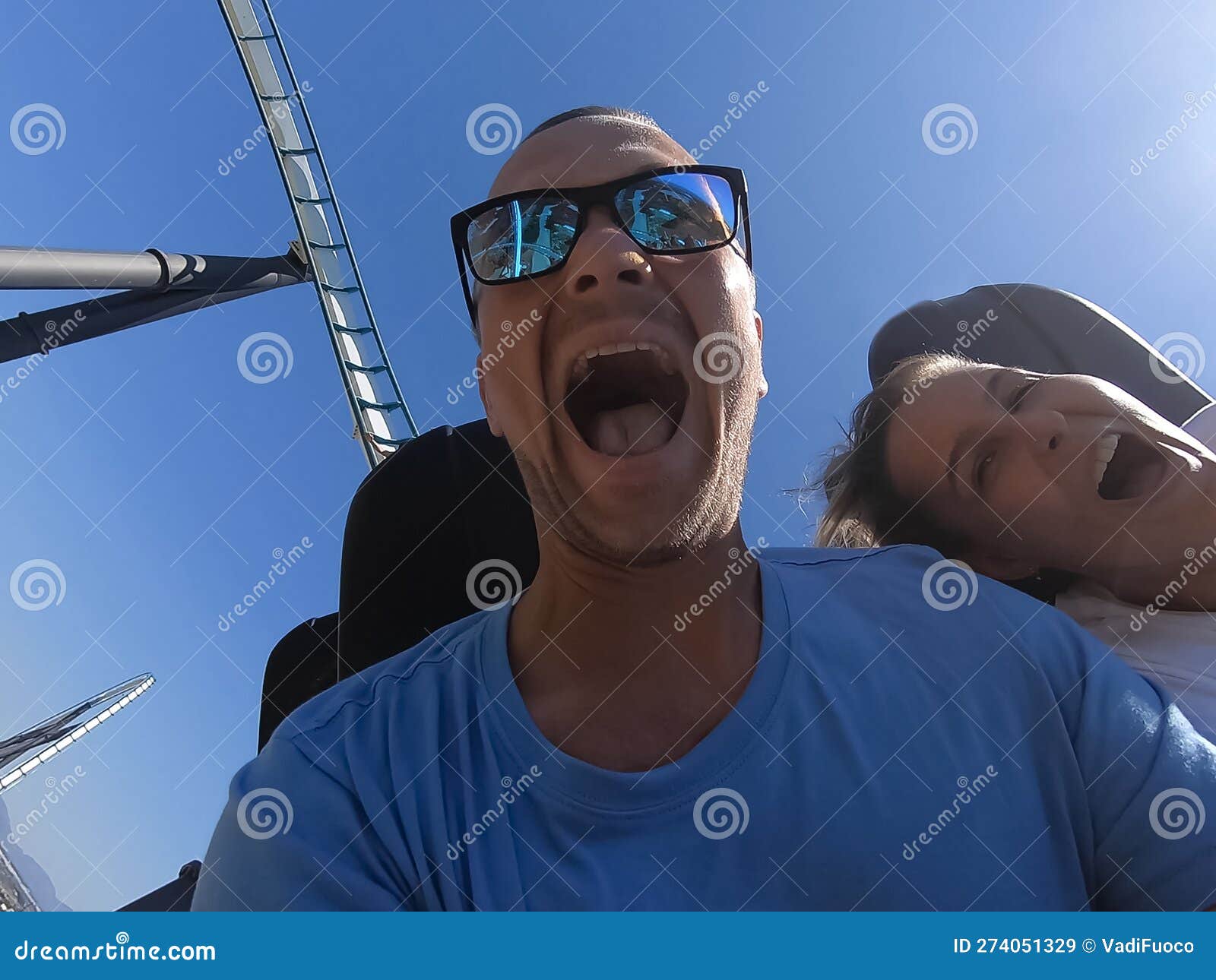 Man And Woman On A Roller Coaster Ride With Emotion On Their Faces