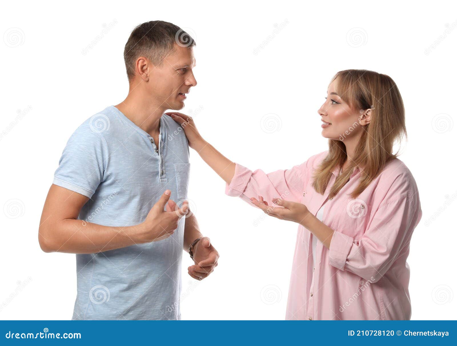 Man and Woman Talking on White Background Stock Photo - Image of ...