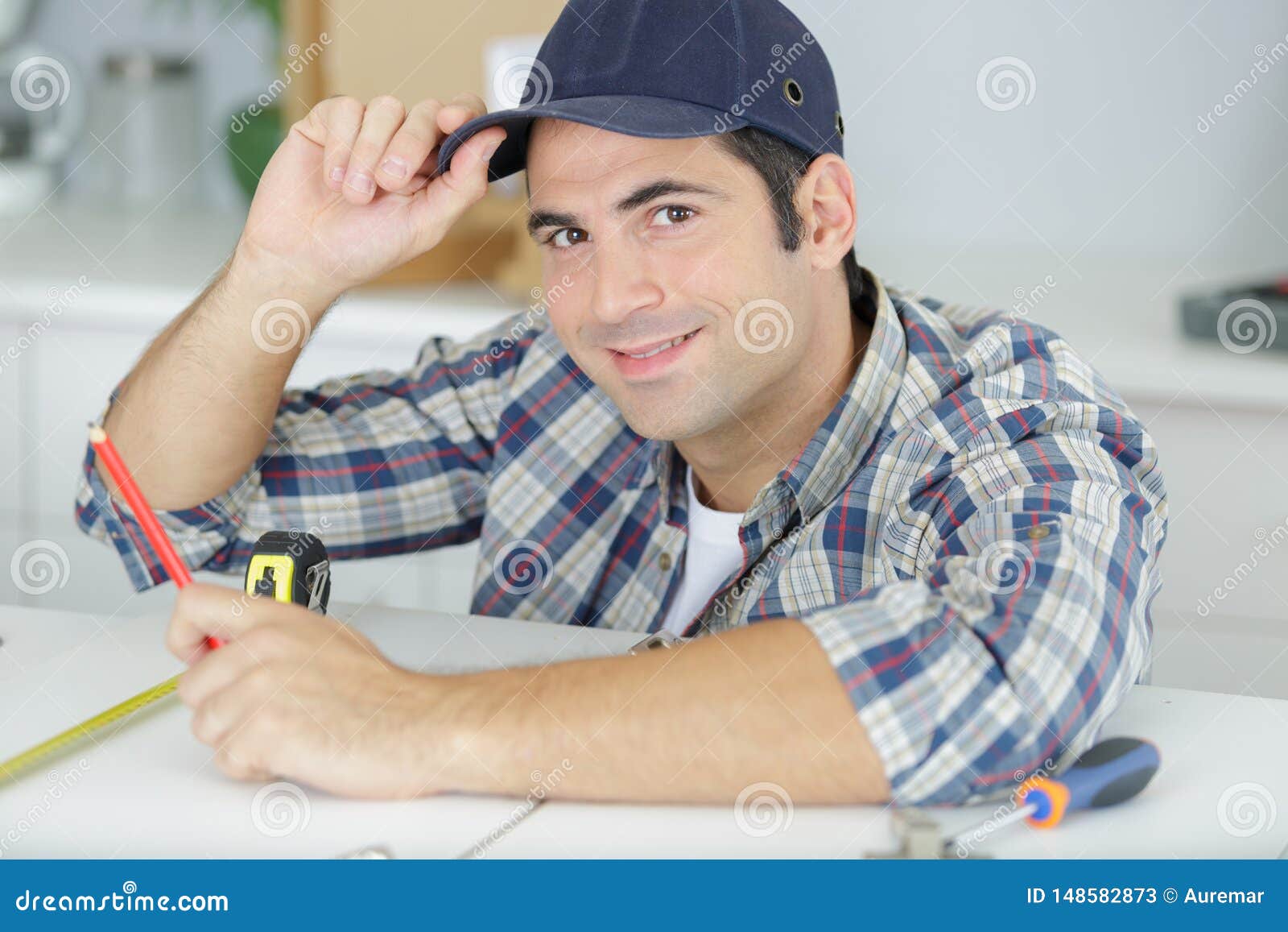 Man with Work Clothes and Cap Carpenter Stock Image - Image of ...