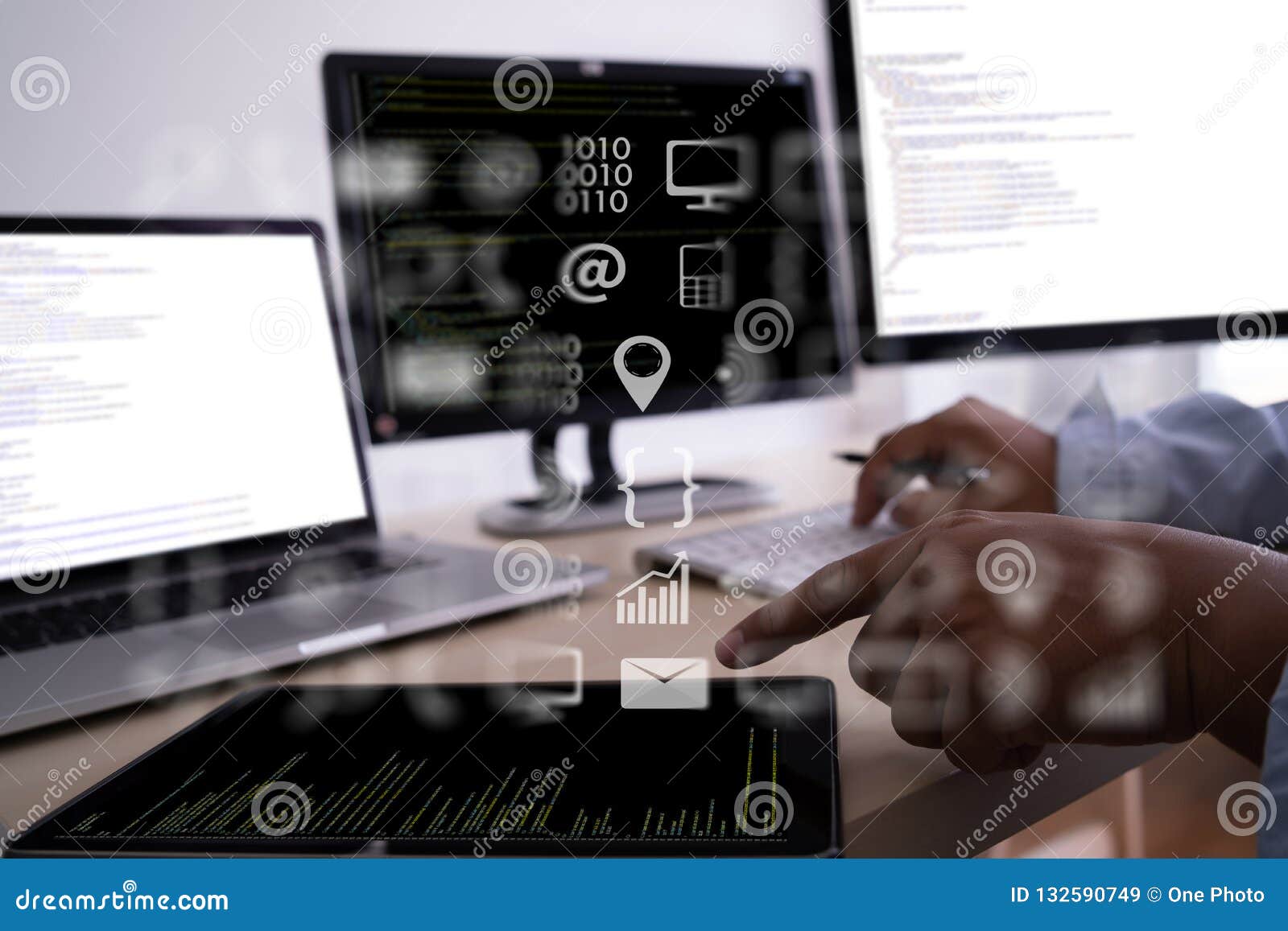 Man Work Coding Software Developer Programmer Is Coding On A Desktop Computer Royalty Free Stock