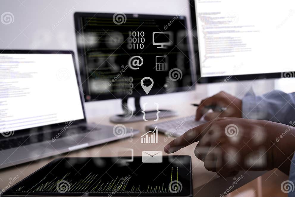 Man Work Coding Software Developer Programmer Is Coding On A Desktop