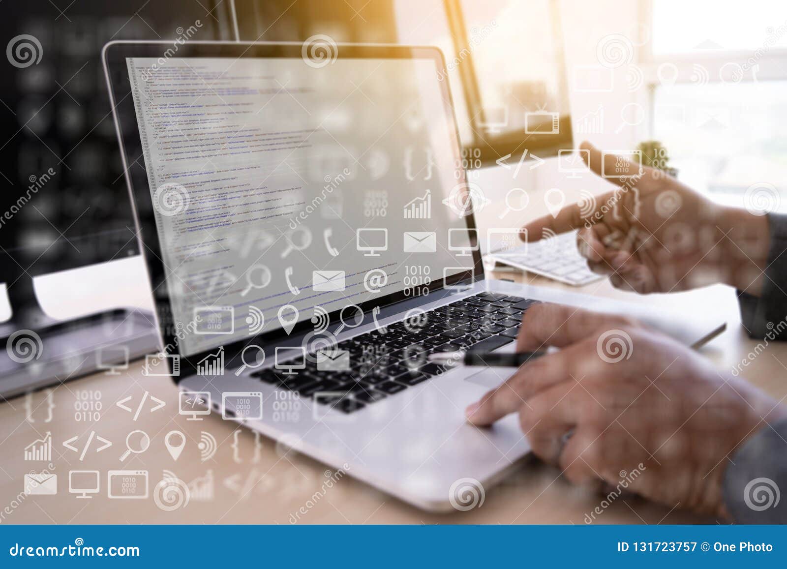 Man Work Coding Software Developer Programmer Is Coding On A Desktop Computer Stock Image