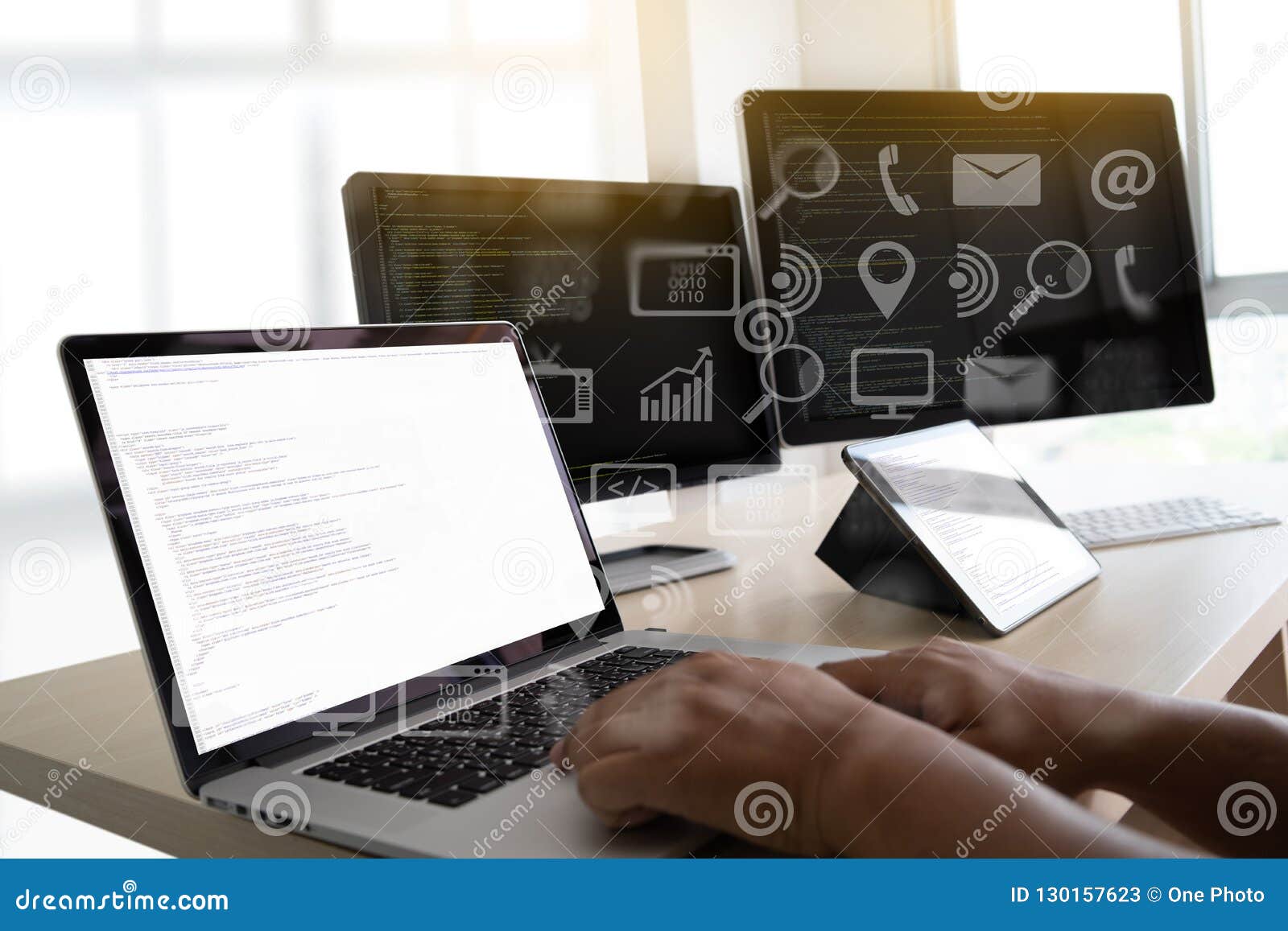 Man Work Coding Software Developer Programmer Is Coding On A Desktop Computer Royalty Free Stock