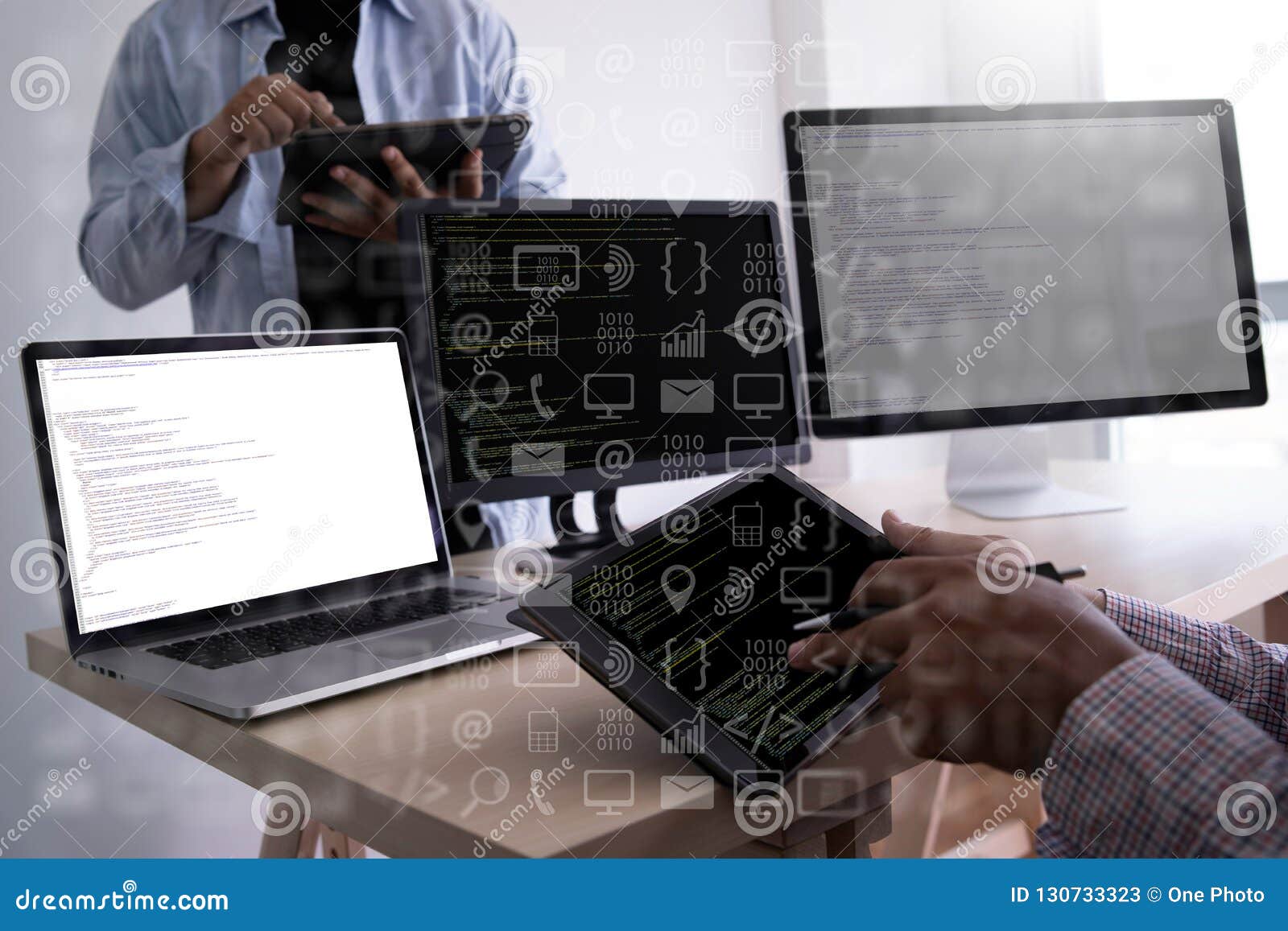 Man Work Coding Software Developer Programmer Is Coding On A Desktop Computer Stock Image