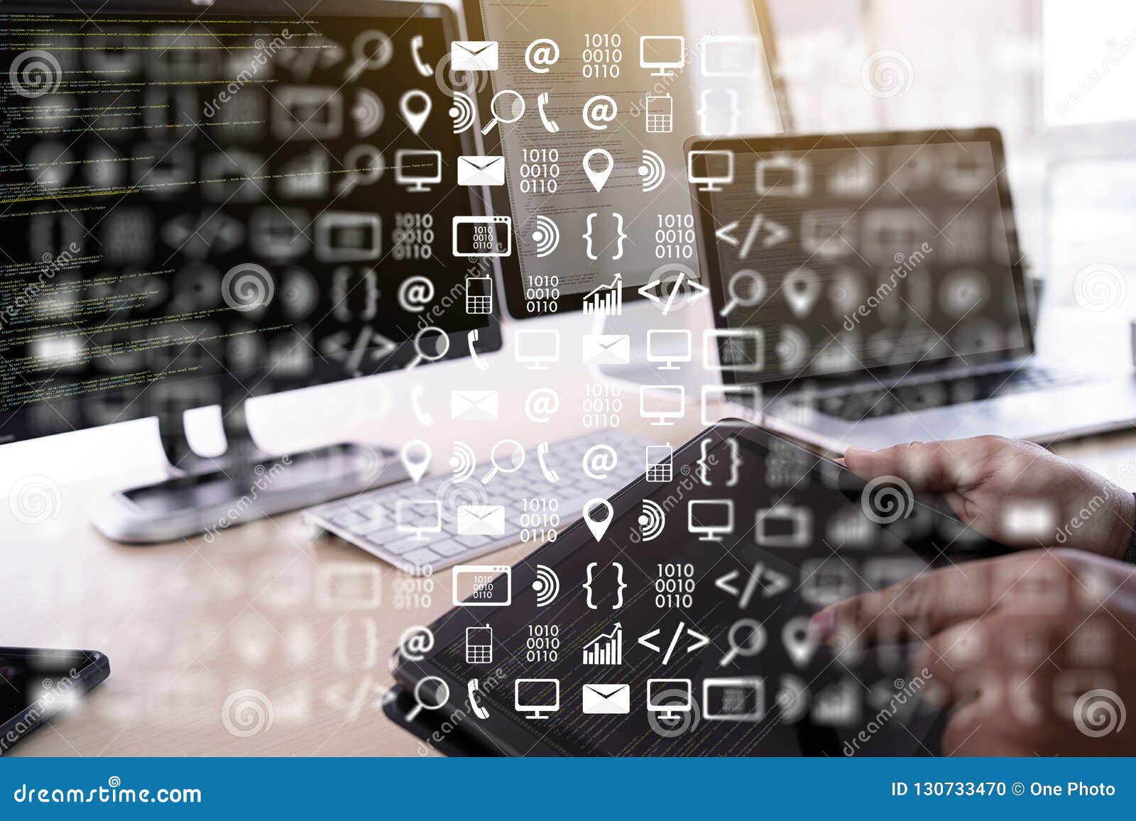 Man Work Coding Software Developer Programmer Is Coding On A Desktop Computer Royalty Free Stock