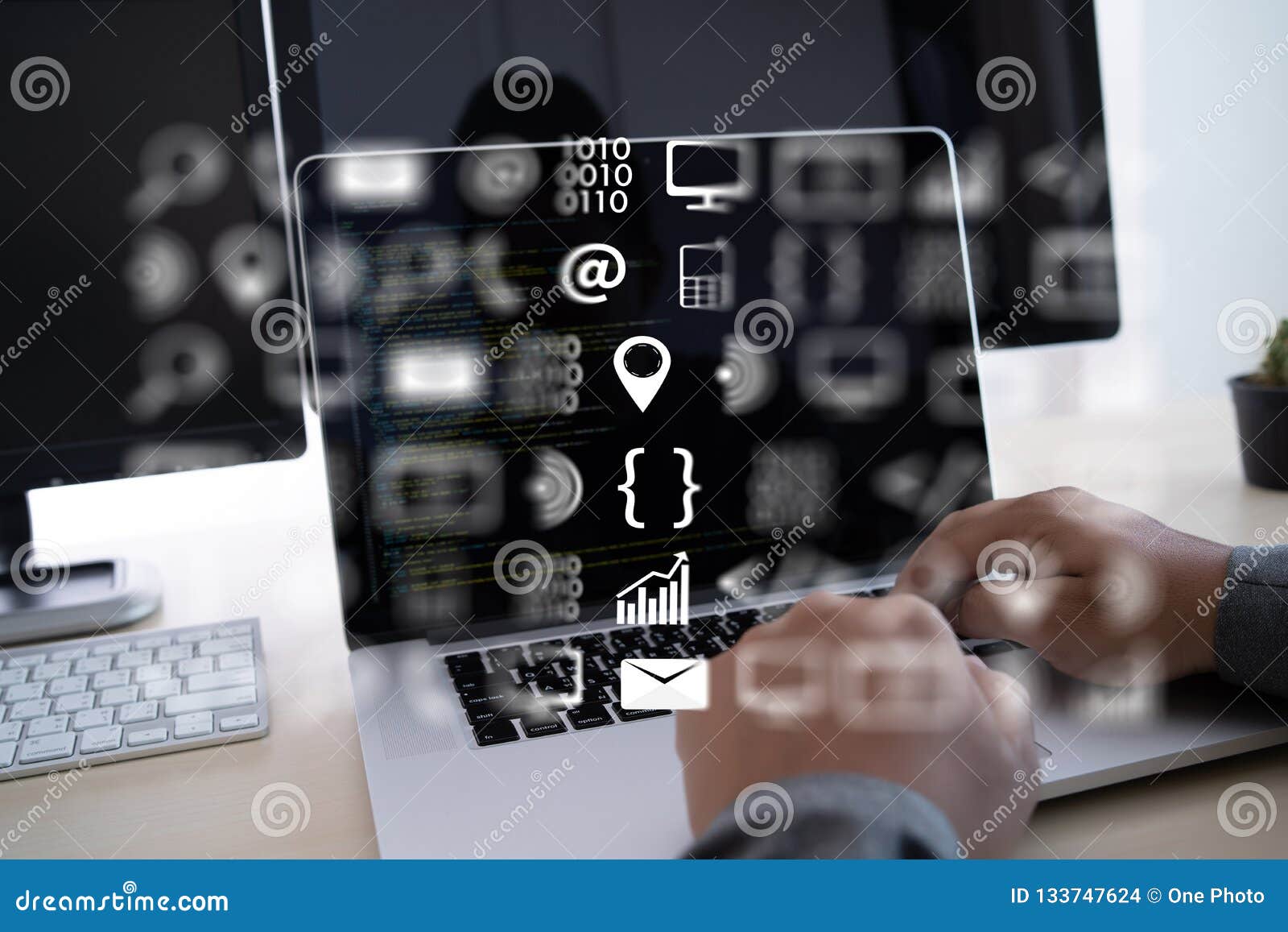 Man Work Coding Software Developer Programmer Is Coding On A Desktop Computer Royalty Free Stock