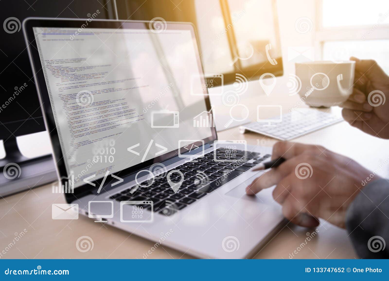 Man Work Coding Software Developer Programmer Is Coding On A Desktop Computer Royalty Free Stock