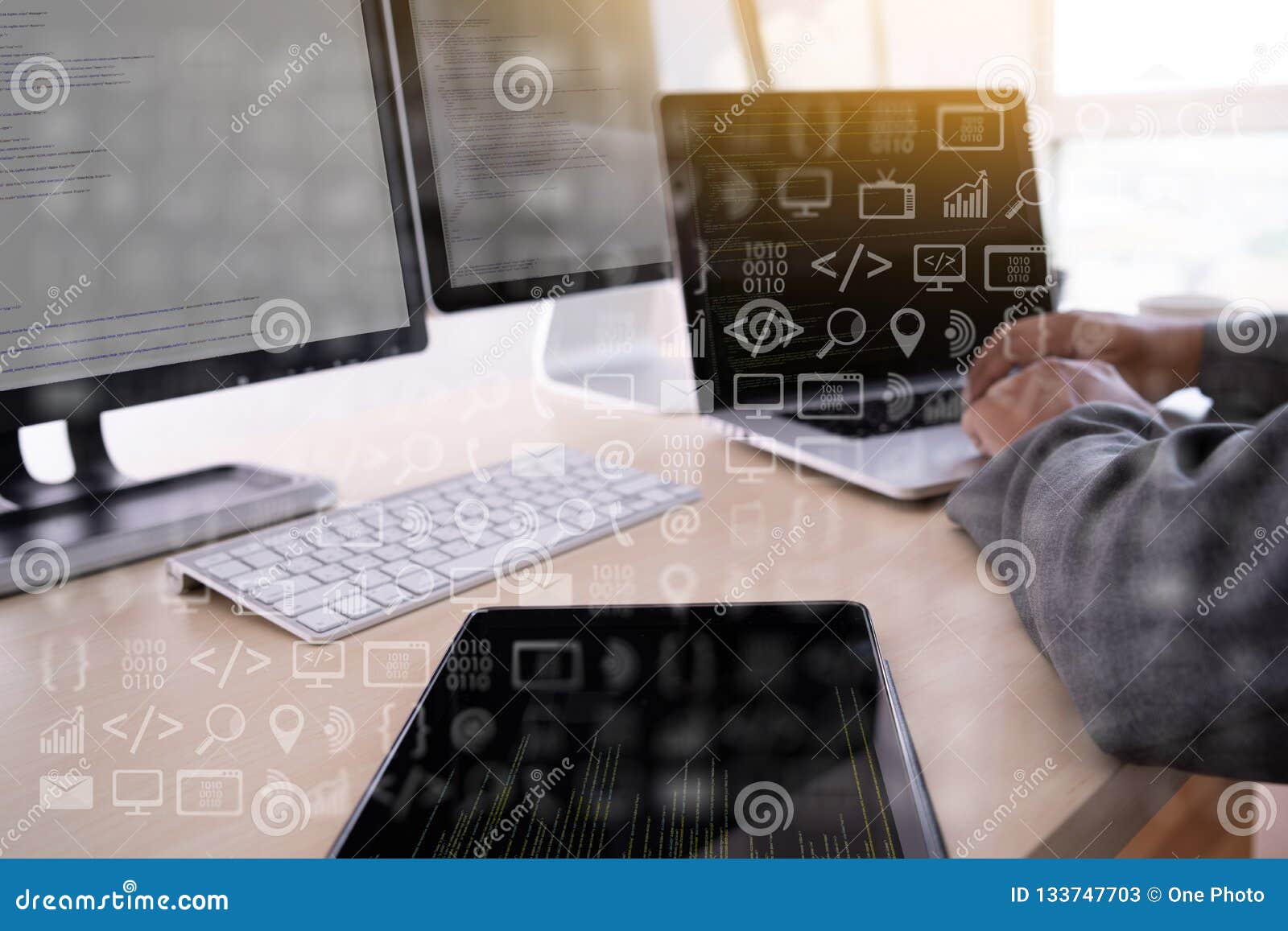 Man Work Coding Software Developer Programmer Is Coding On A Desktop Computer Royalty Free Stock