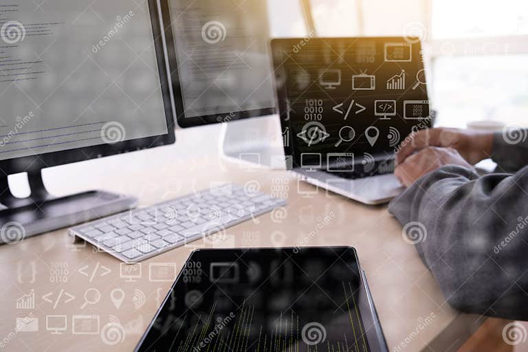 Man Work Coding Software Developer Programmer Is Coding On A Desktop 